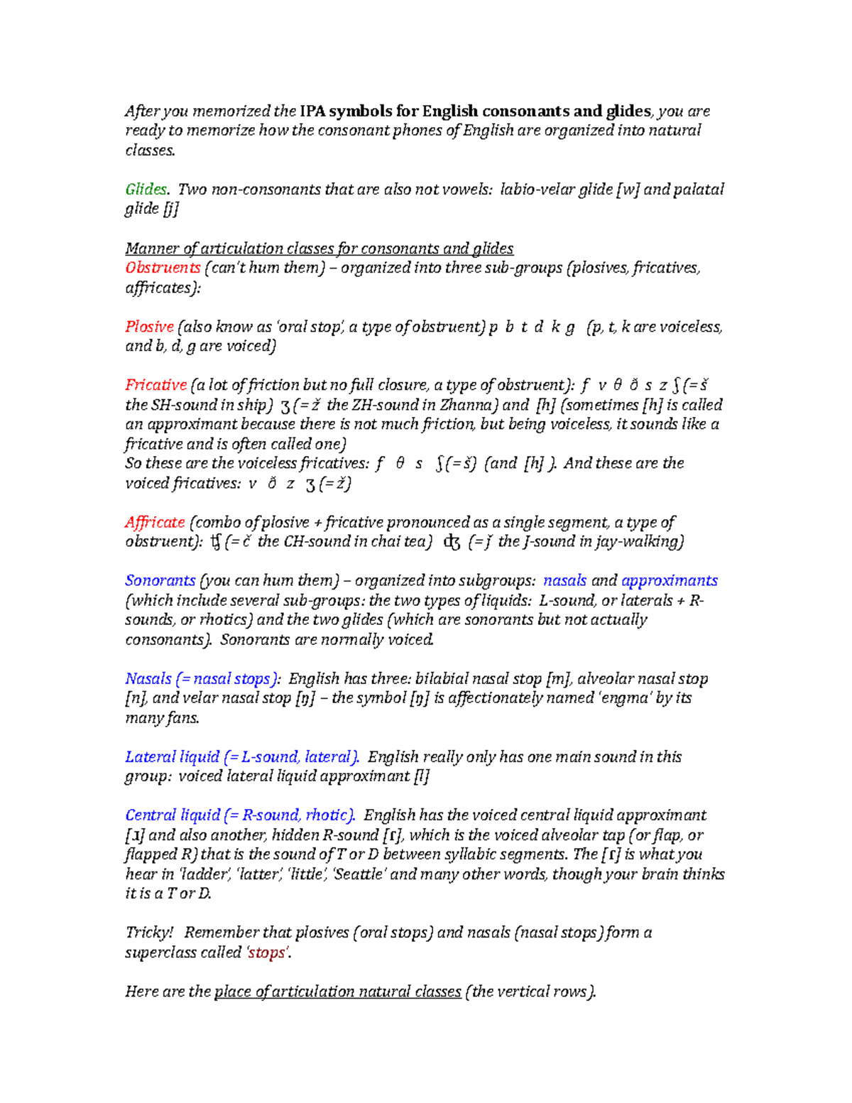 Consonant Natural Classes: A Study of English Consonants and Glides ...