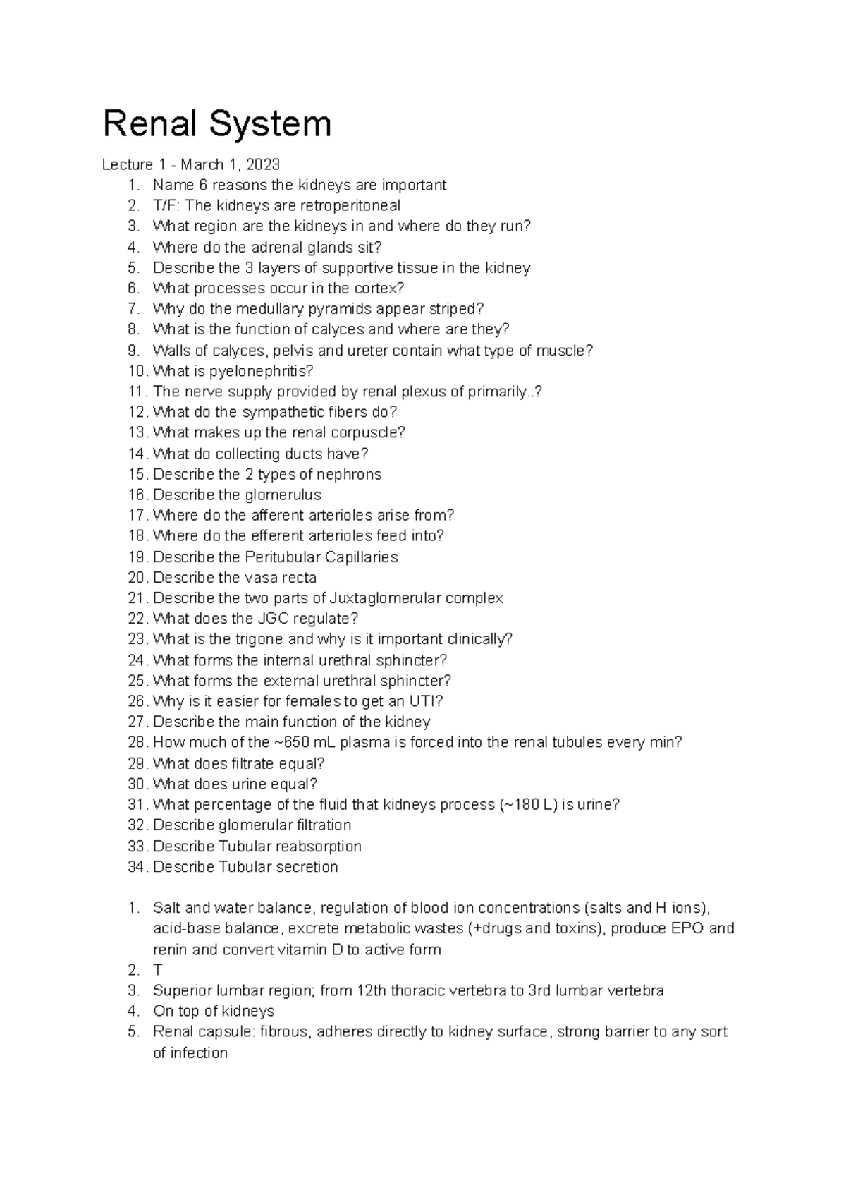 ANP1107 - Renal System Lecture 1 Review Questions and Answers - Studocu