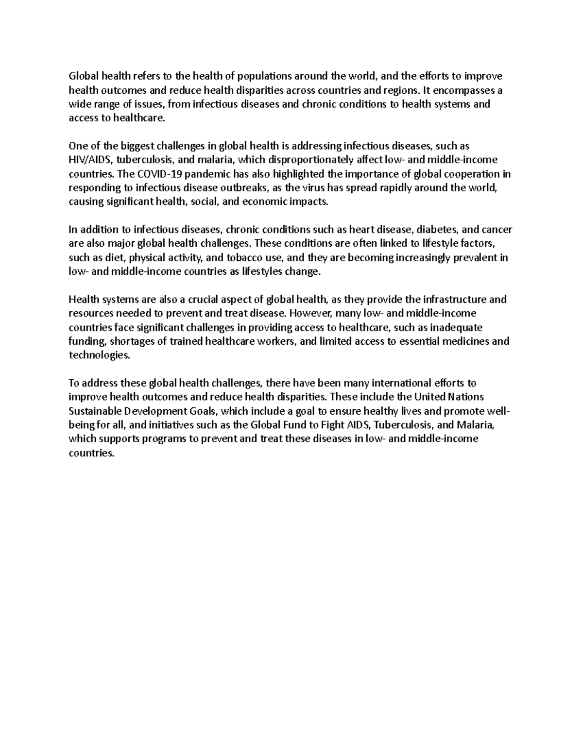 Global Health - essay - Global health refers to the health of ...