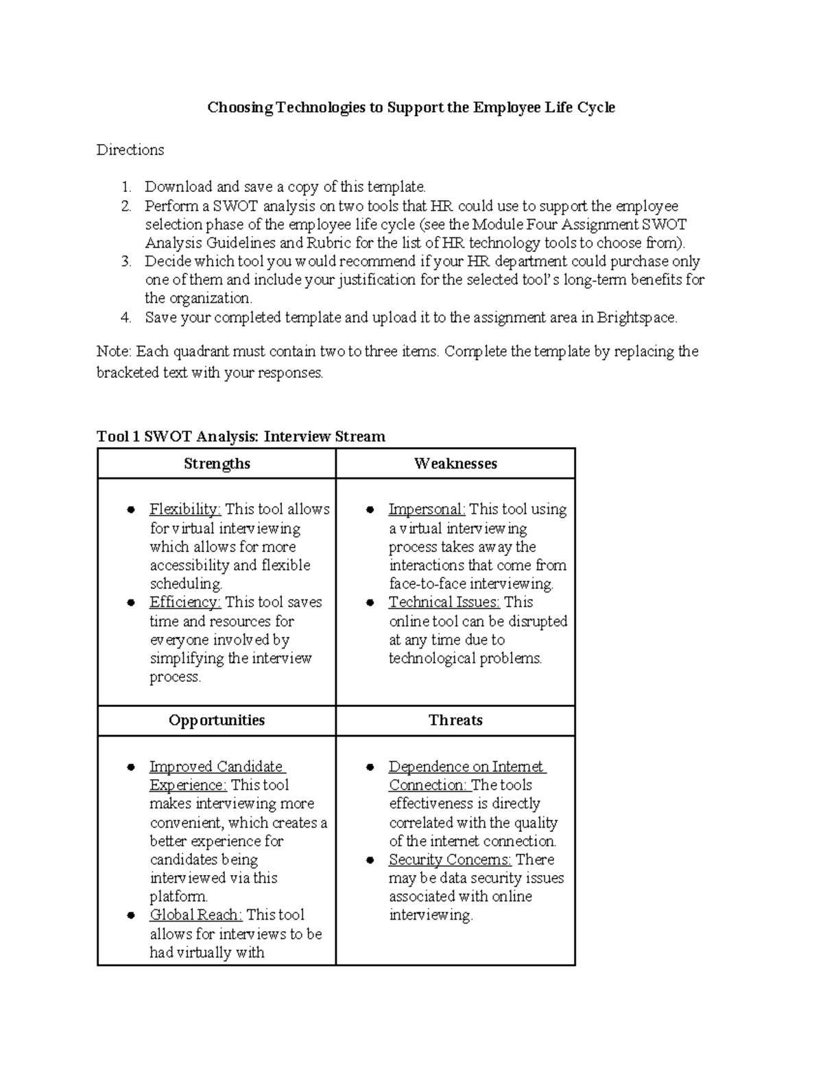 HRM 200 Module 4 SWOT - Choosing Technologies to Support the Employee ...