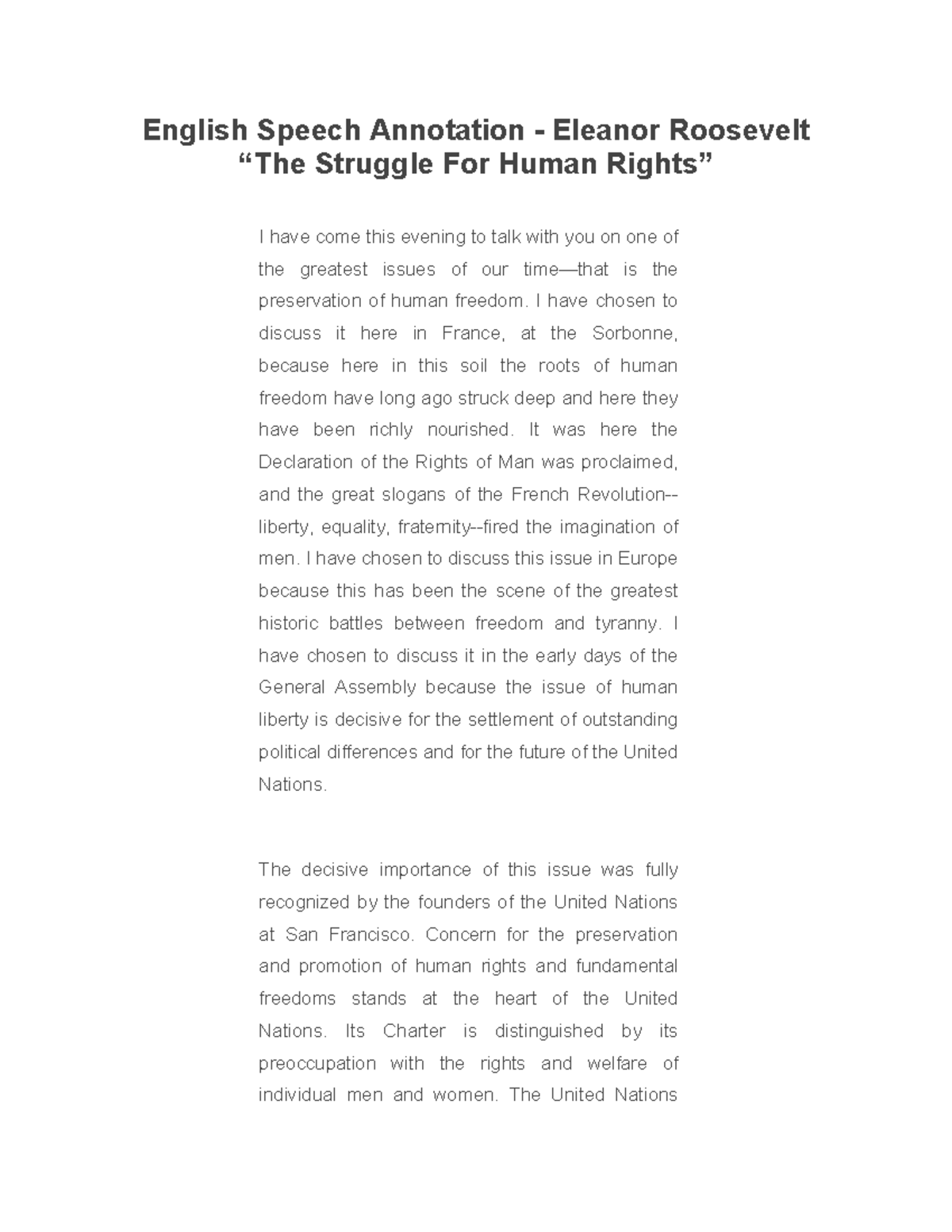 English Speech Annotation - Eleanor Roosevelt: The Struggle for Human ...