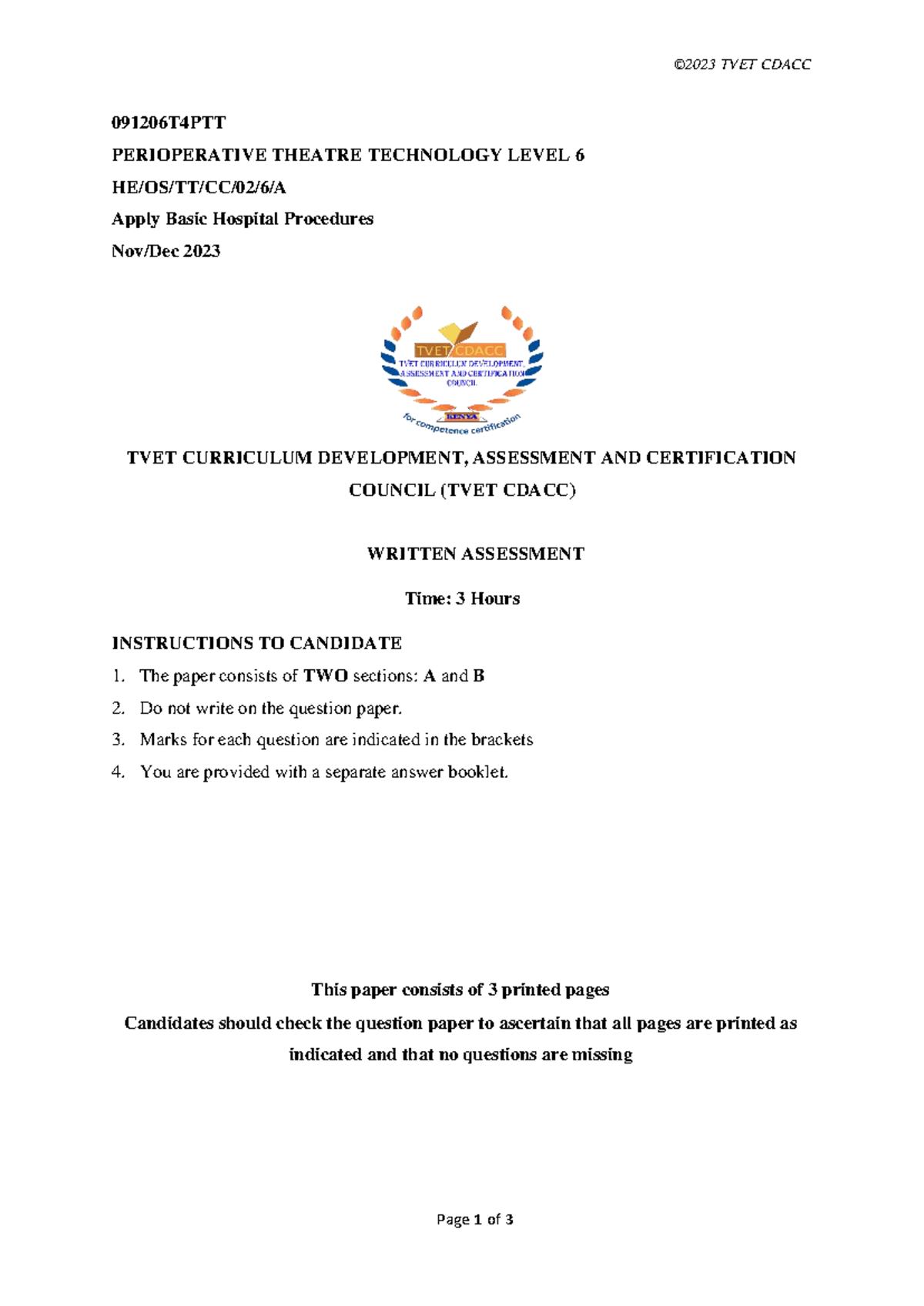 TVET CDACC 091206T4PTT Level 6 Basic Hospital Procedures Exam 2023 ...