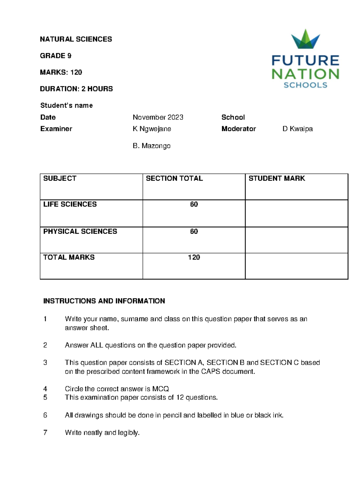 Natural Sciences Grade 9 Exam Paper: Life & Physical Sciences - Studocu