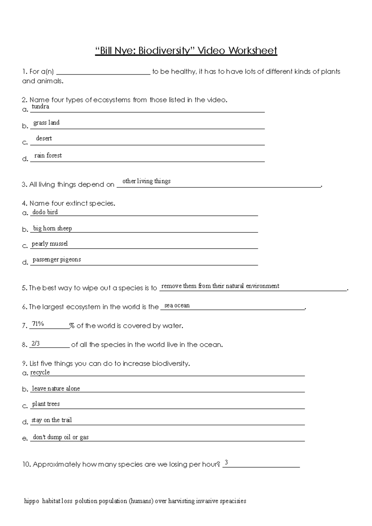 Bill Nye: Biodiversity Video Worksheet (Bio 101) - Studocu
