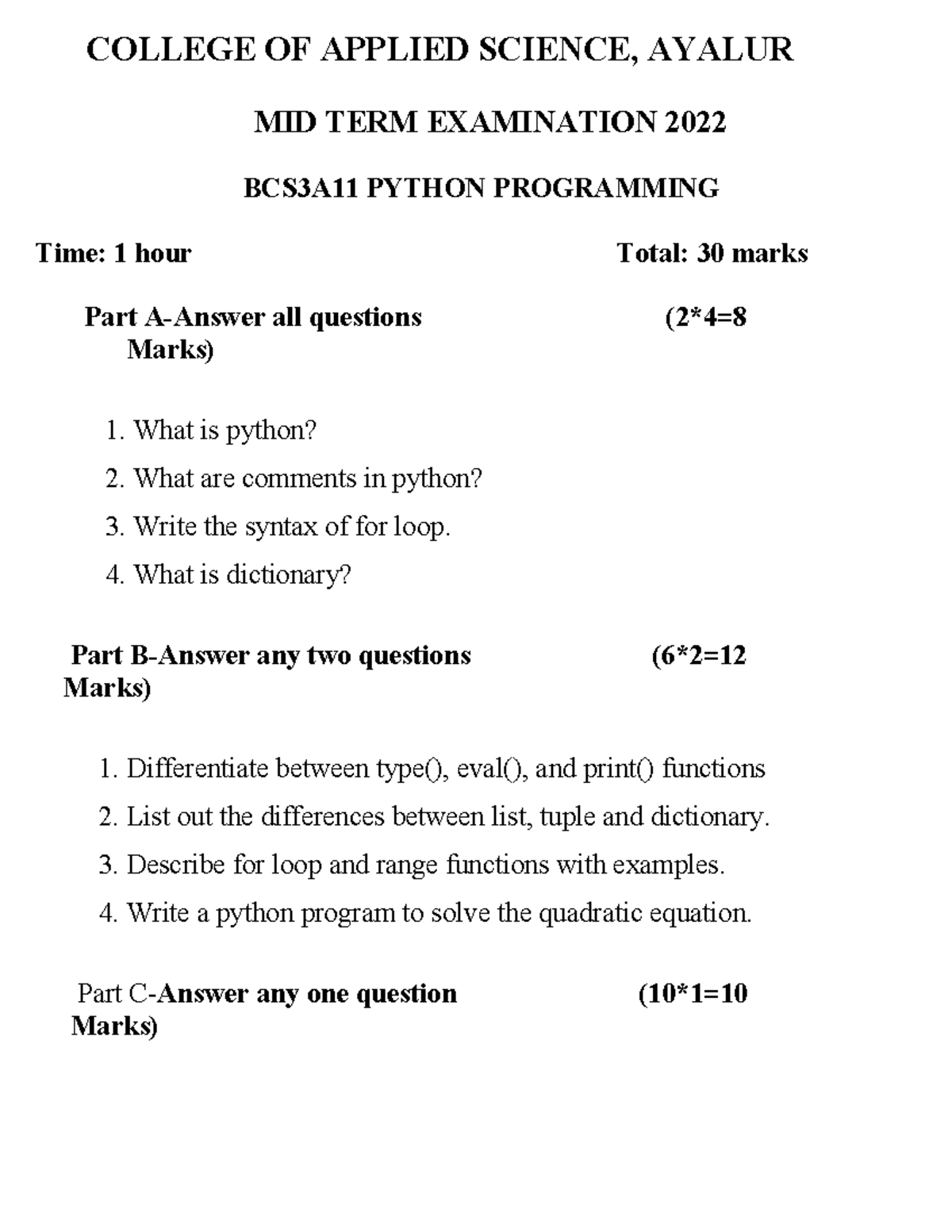 Python question paper - COLLEGE OF APPLIED SCIENCE, AYALUR MID TERM EXAMINATION 2022 BCS3A11 ...