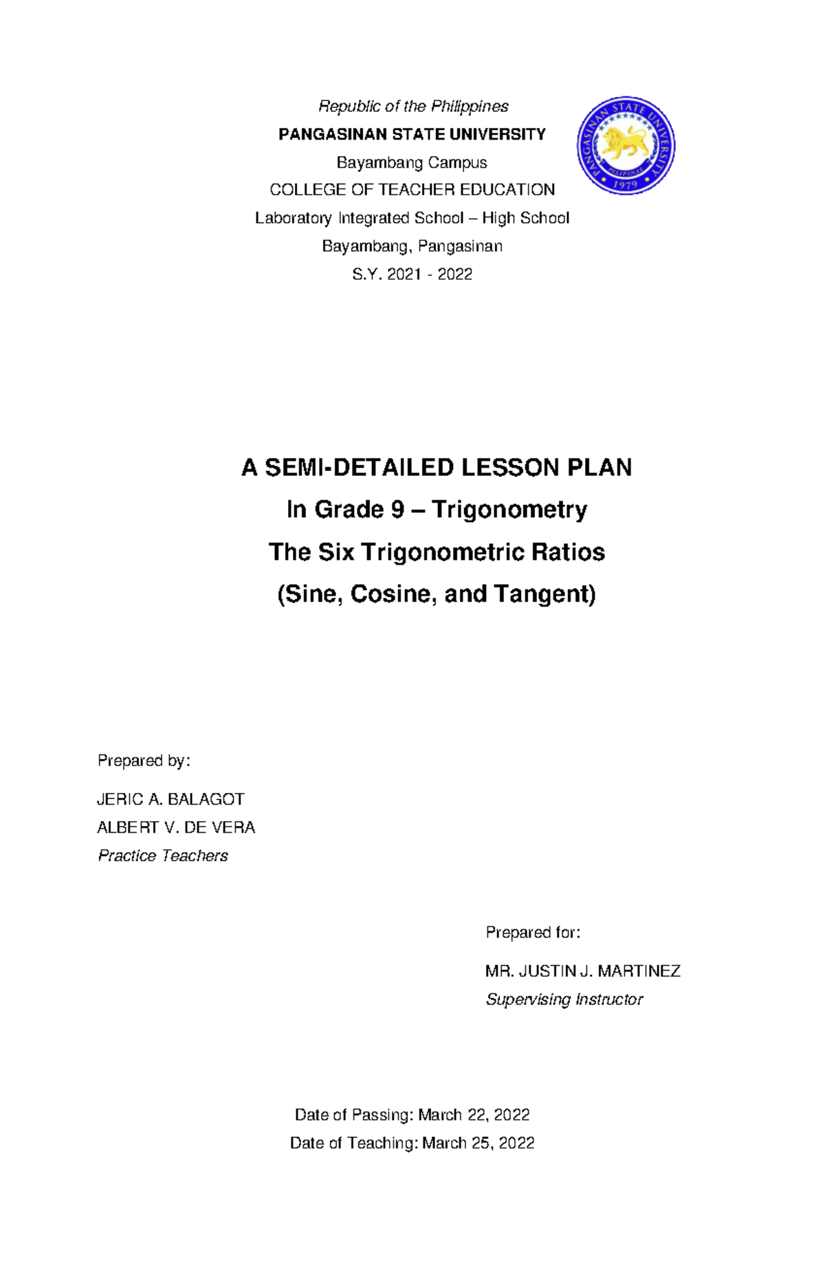 Final SDLP on First Three Trigonometric Ratios for Grade 9 Math - Studocu