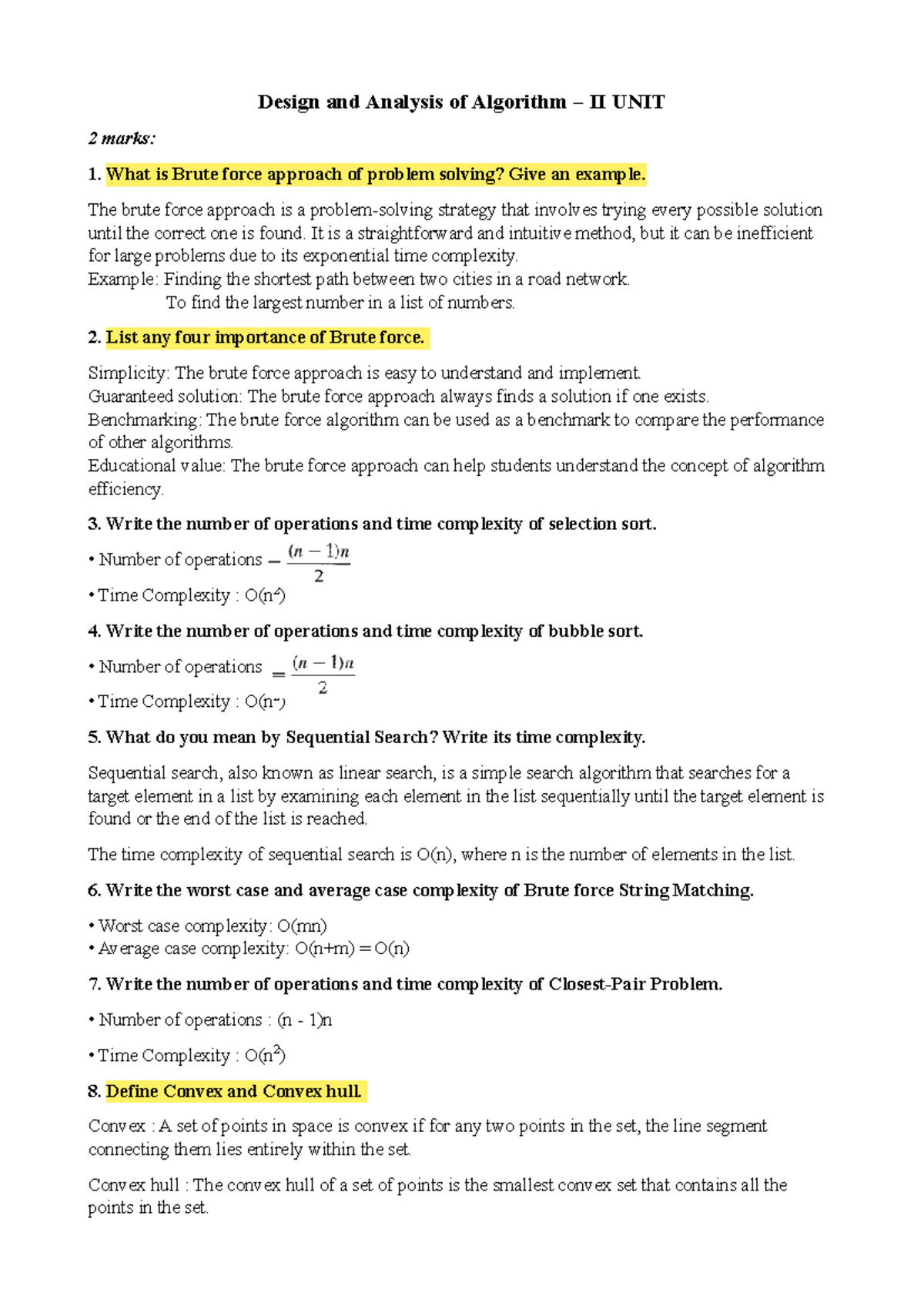 DAA - II UNIT 2: Brute Force Approach & Algorithm Complexity - Studocu