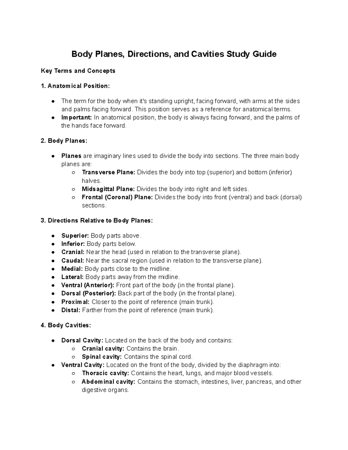 Body Planes, Directions, and Cavities Study Guide - This position ...