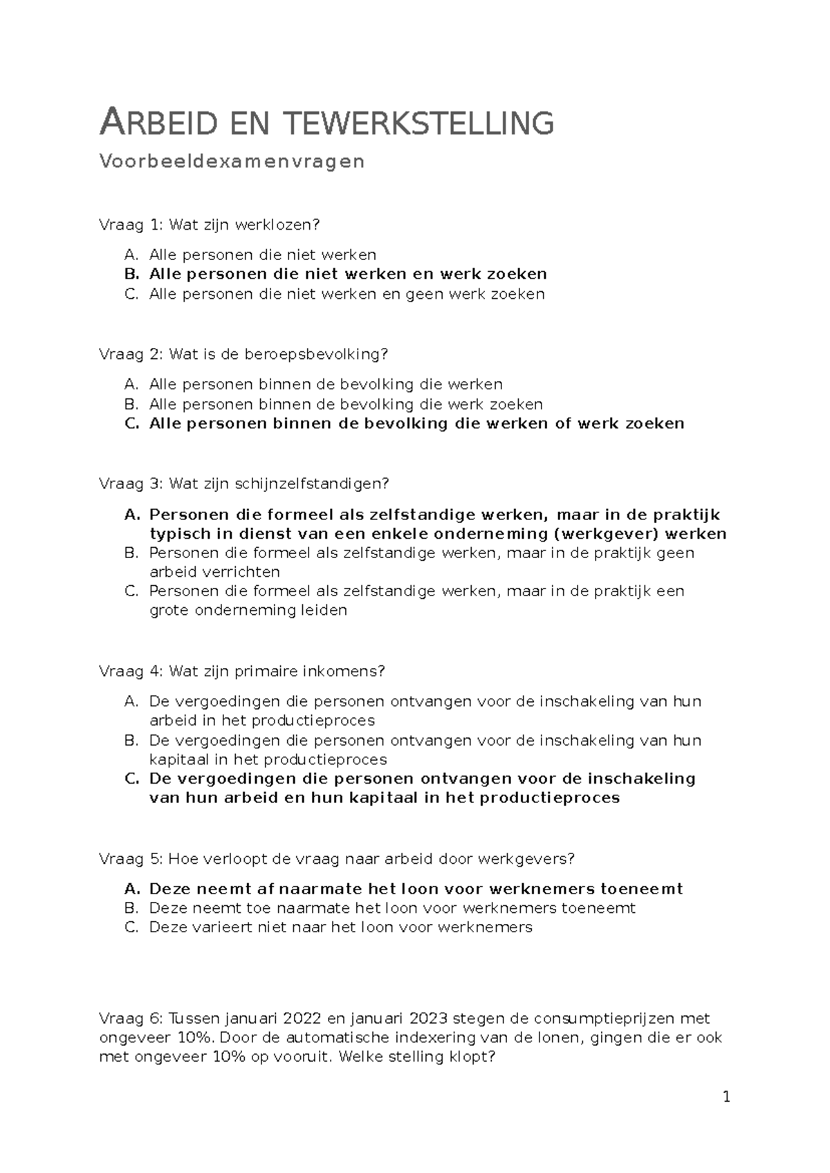 ARBEID EN TEWERKSTELLING: Voorbeeldexamenvragen (EXAMEN) - Studocu