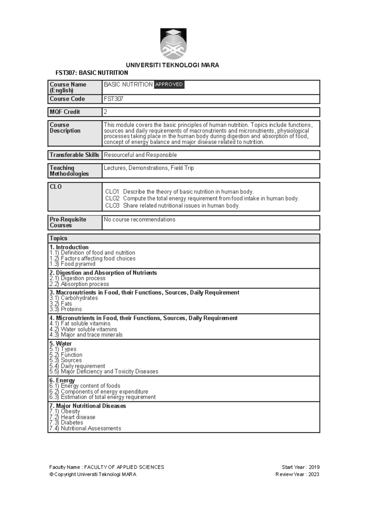 Basic Nutrition Course Outline - UNIVERSITI TEKNOLOGI MARA FST307 ...