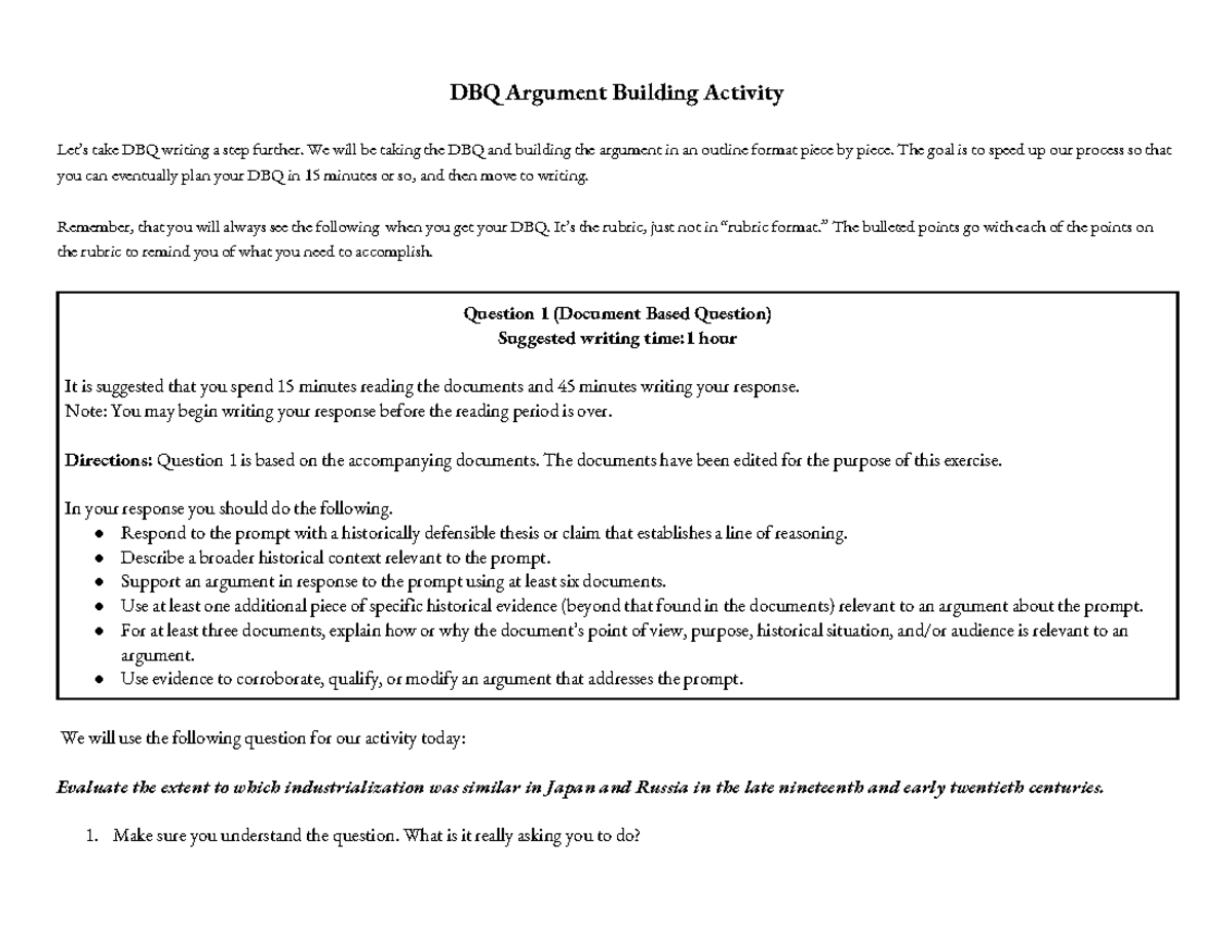 DBQ 04: Argument Building Activity for Writing Efficiency - Studocu