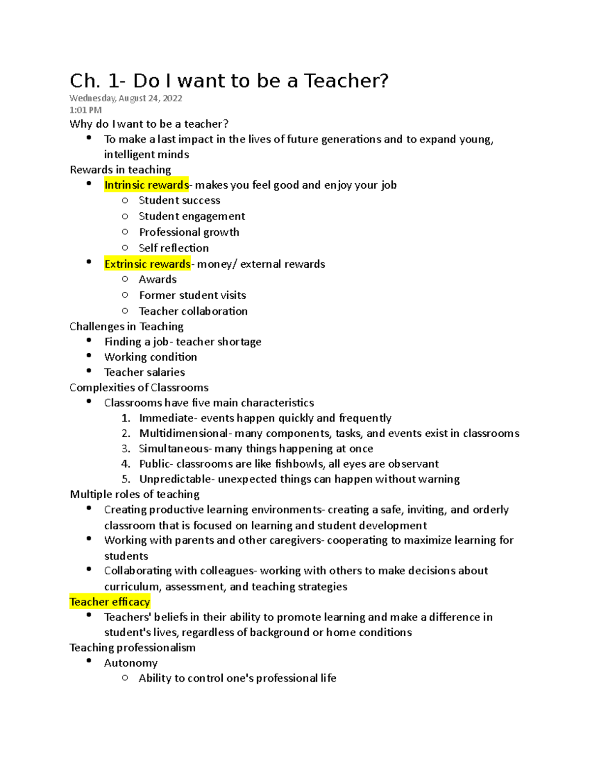 Ed-100 Ch. 1 - Intro to Teaching: Key Concepts & Insights - Studocu