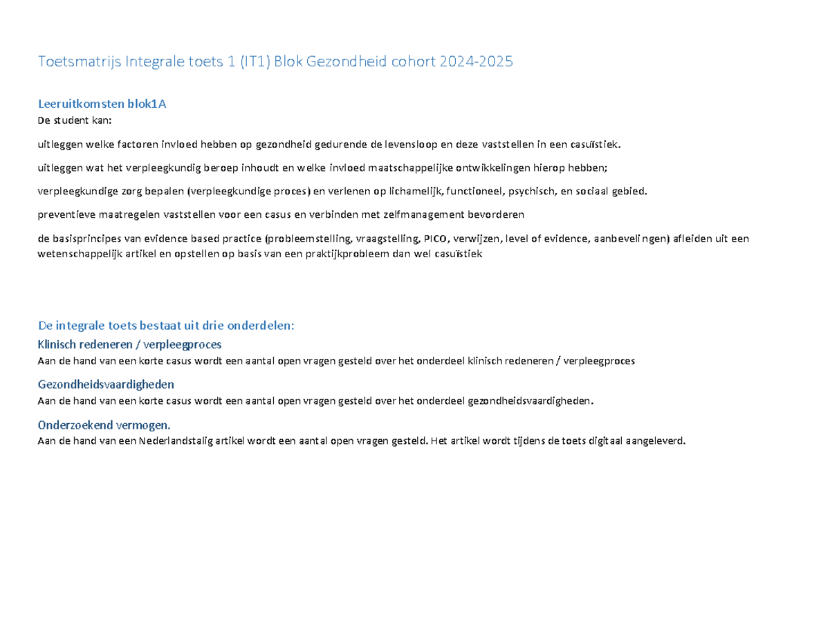 Toetsmatrijs Integrale Toets 1 (IT1) Blok Gezondheid 2024-2025 ...