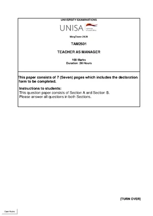 TAM2601 - Learning Unit 1 - Teacher as Classroom Manager TAM2601: The ...