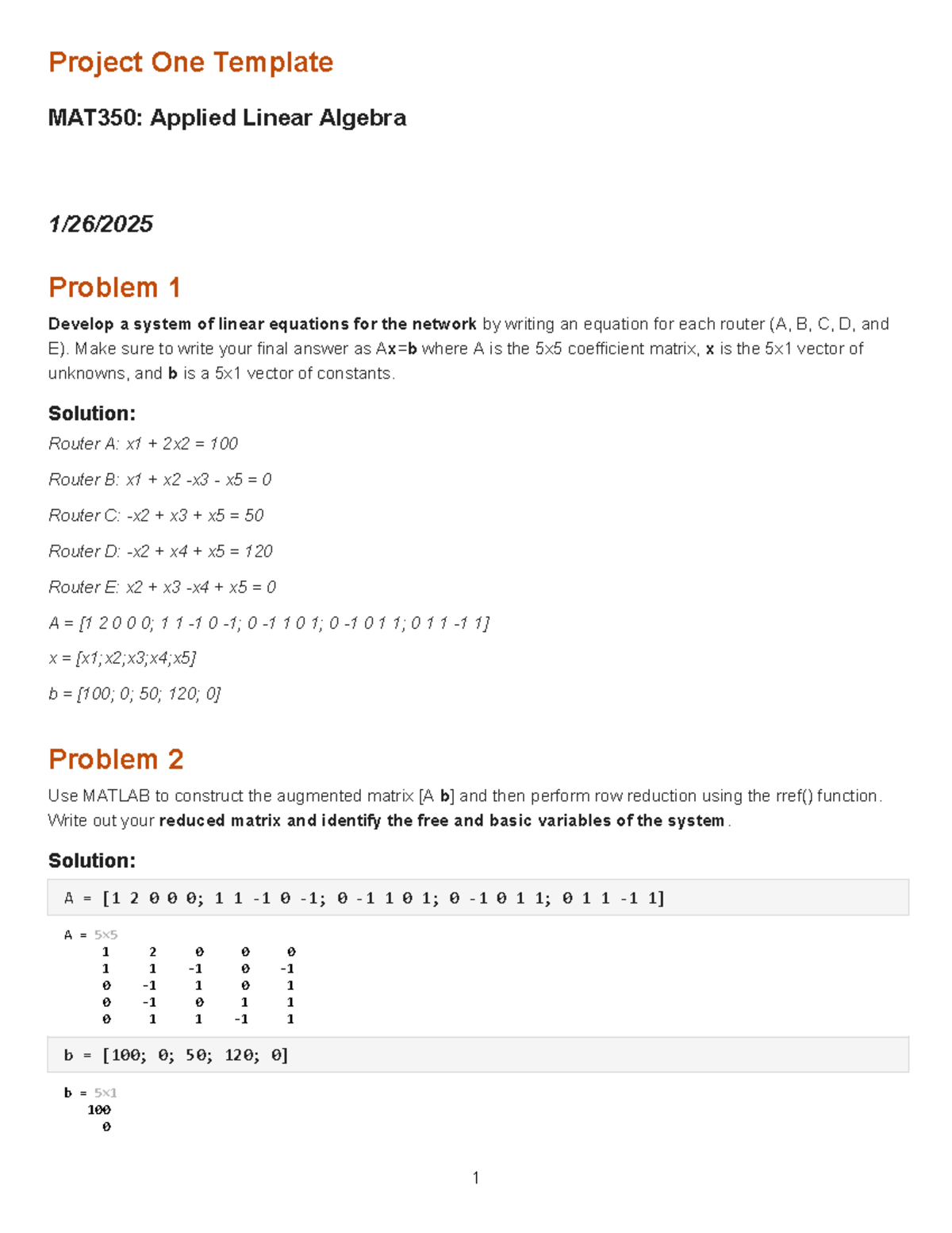Project One Template Linear Algebra - Project One Template MAT350 ...