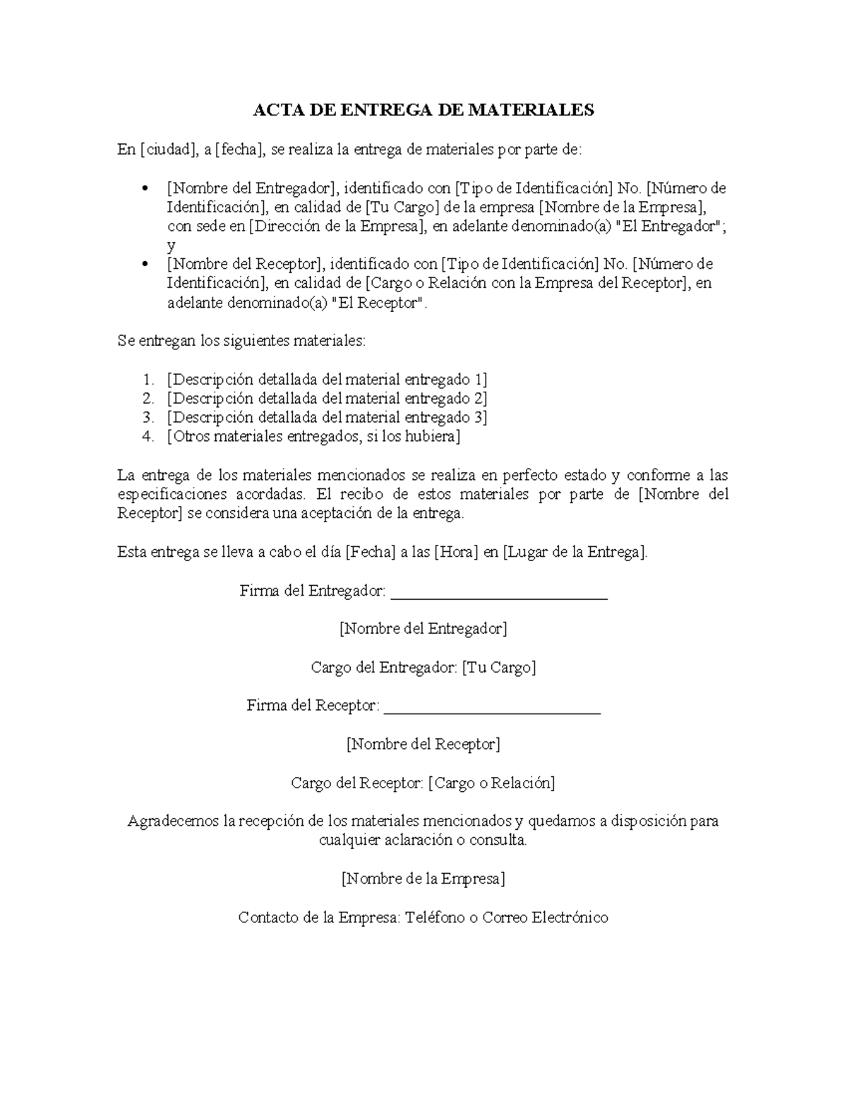 Modelo de Acta de Entrega de Materiales en Word - Ejemplo y Formato ...