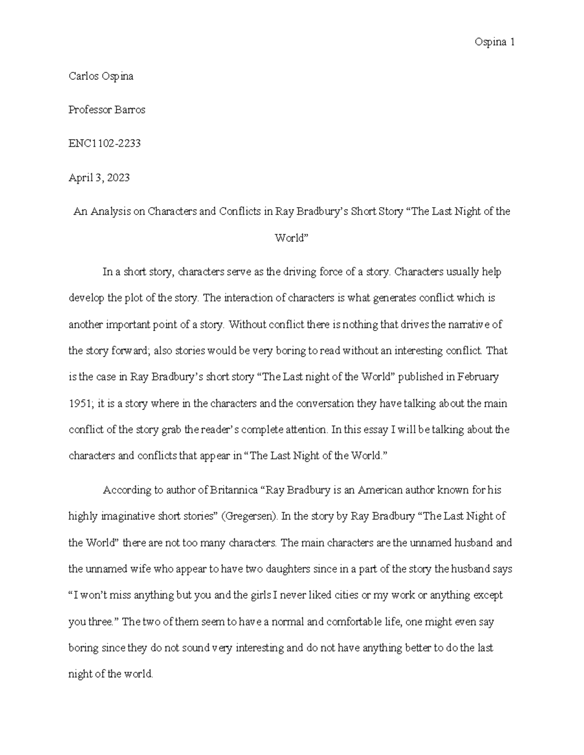 Essay 4 CIOS - An Analysis on Characters and Conflicts in Ray Bradbury ...