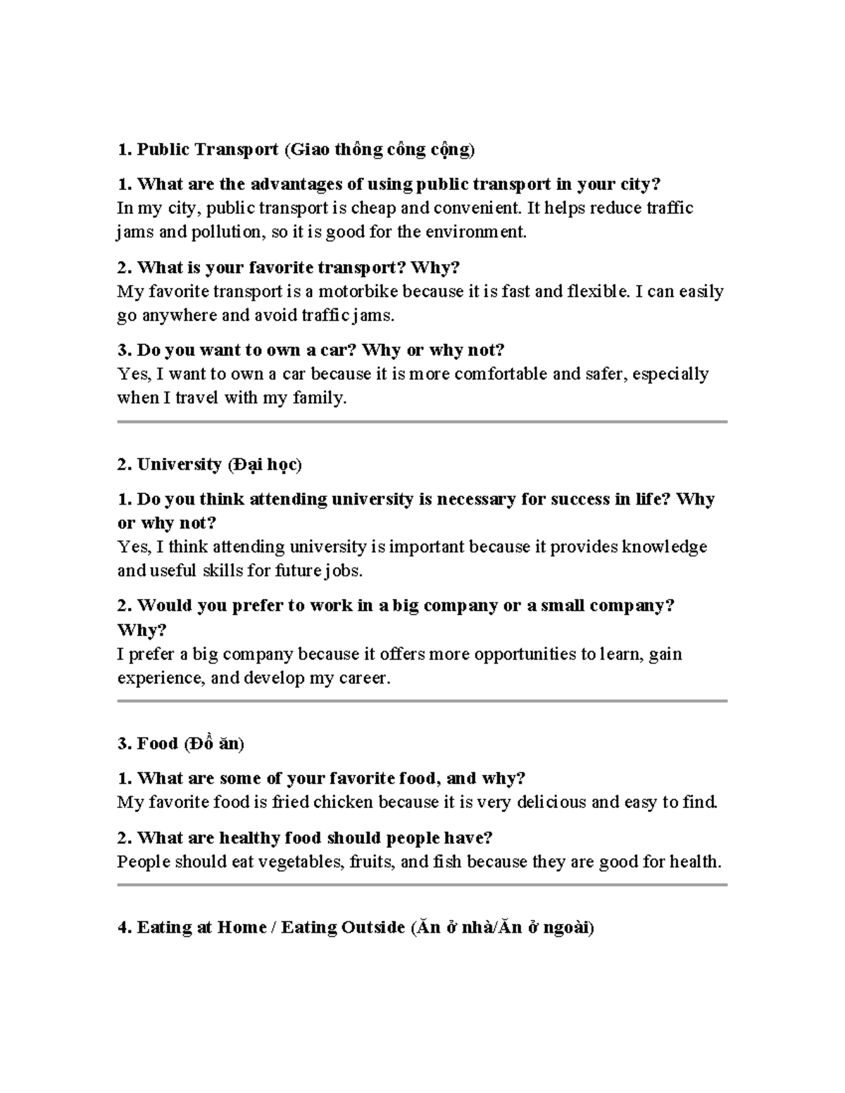 Final Speaking Midterm Test: Public Transport, University, Food & More ...