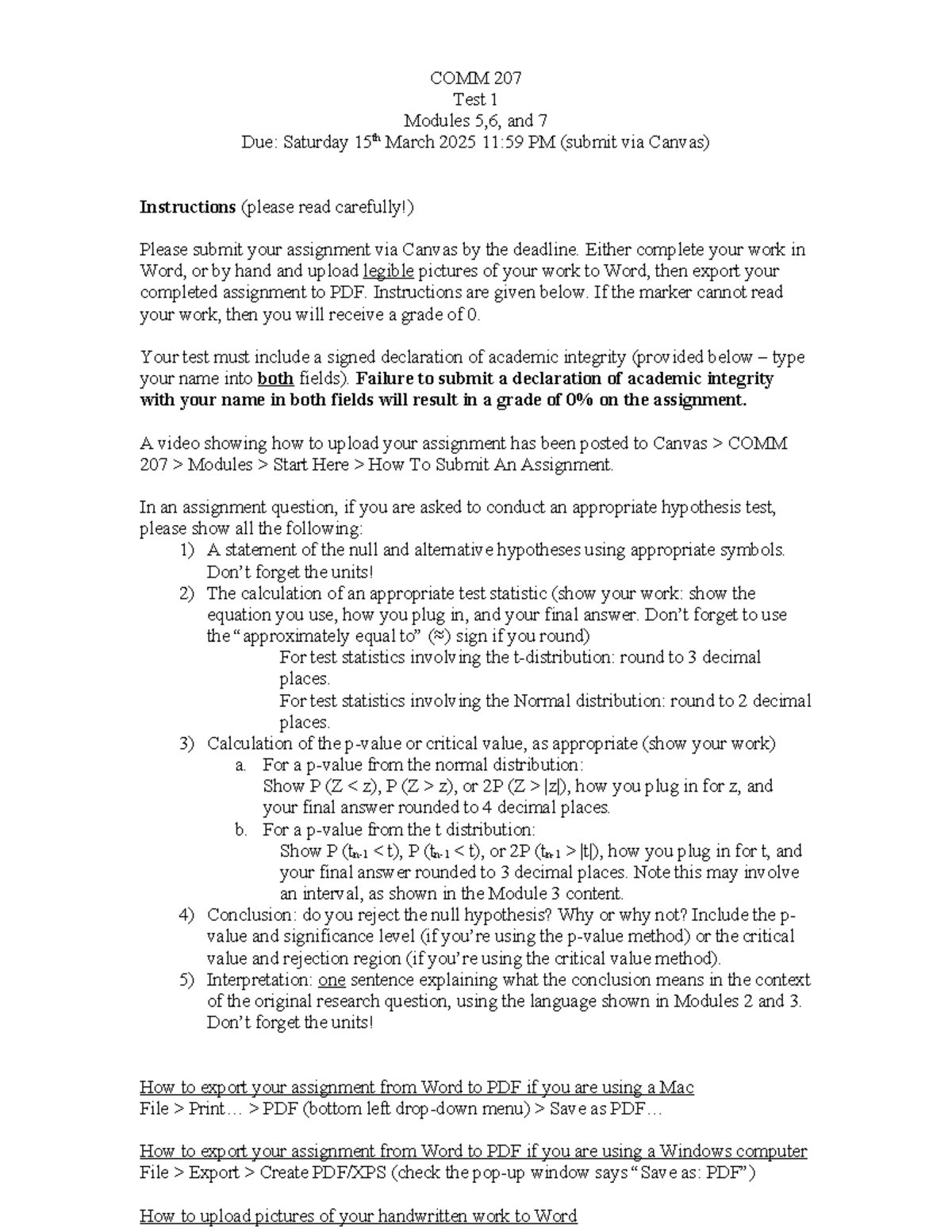 COMM 207 Test 2 W25 - Detailed Instructions and Hypothesis Testing ...