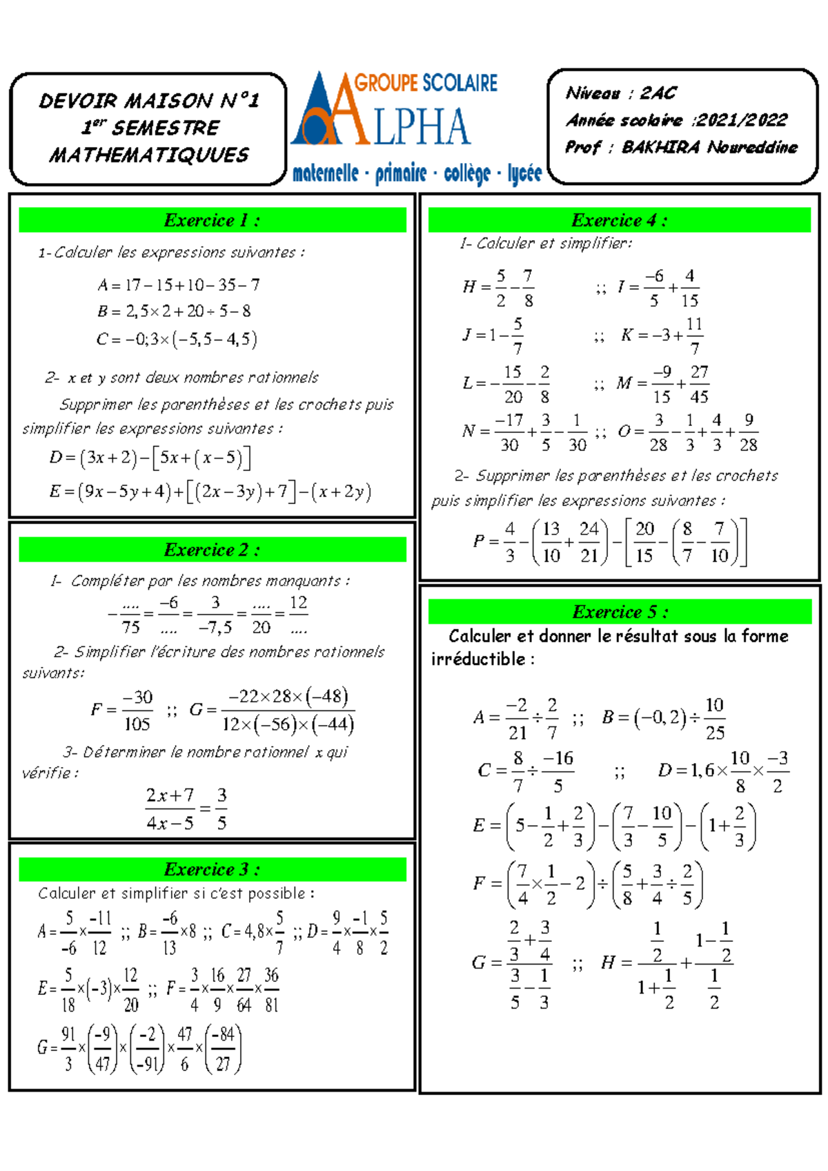 Devoir Maison Maths 2AC - 1er Semestre - Exercice et Calculs - Studocu