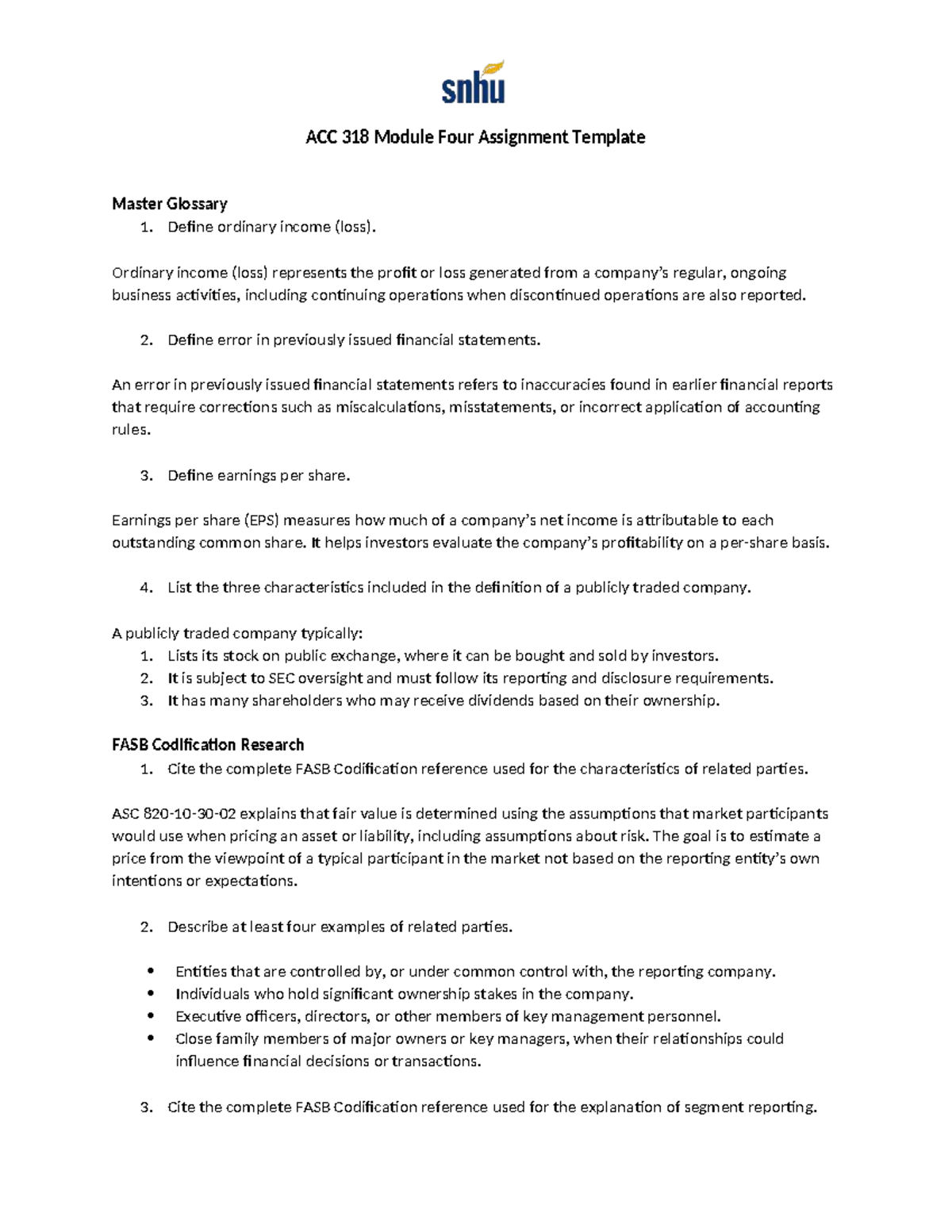 ACC 318 Module Four Assignment: Key Financial Concepts and FASB ...