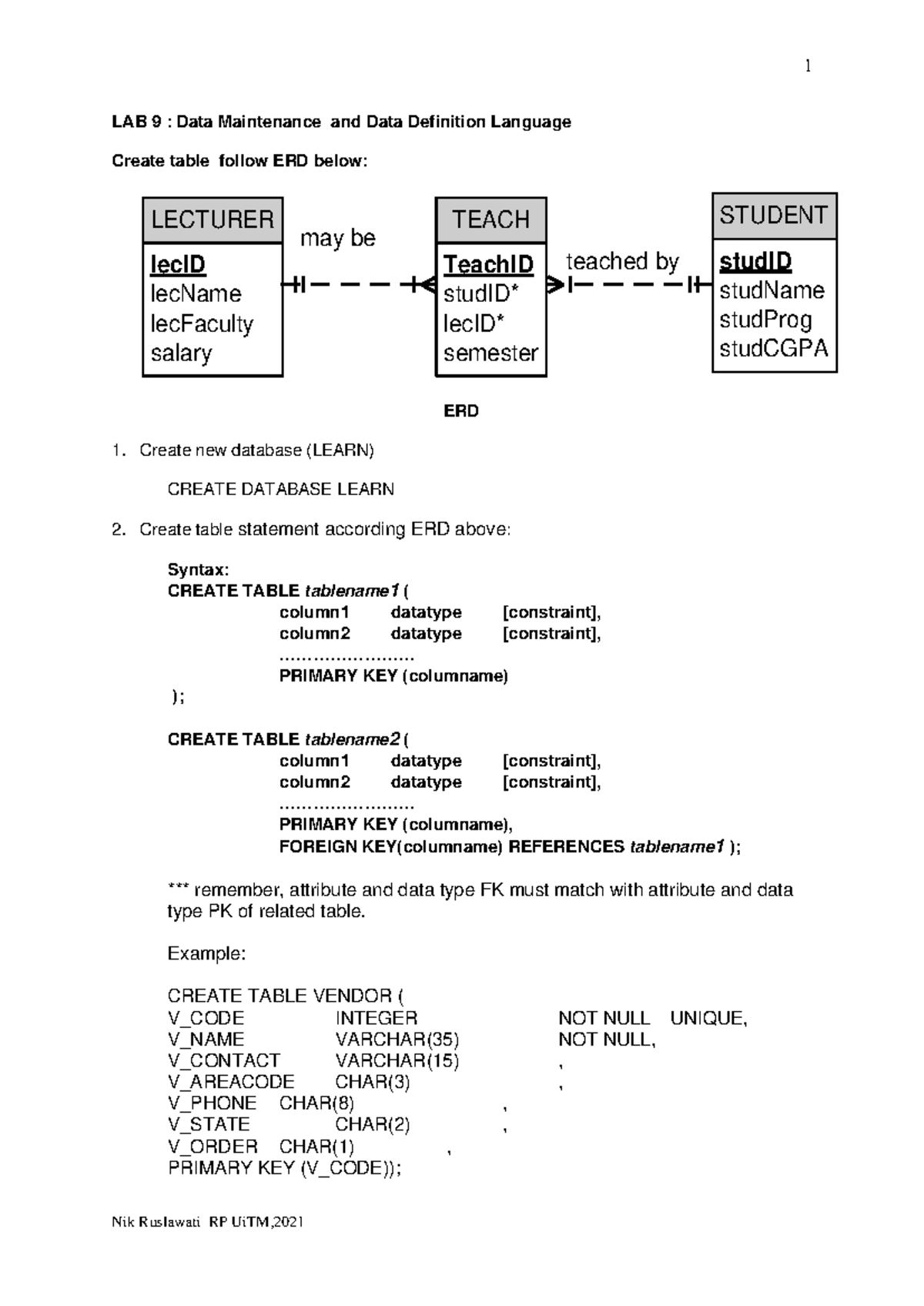 LAB 9: Data Maintenance & DDL for LEARN Database Creation - Studocu