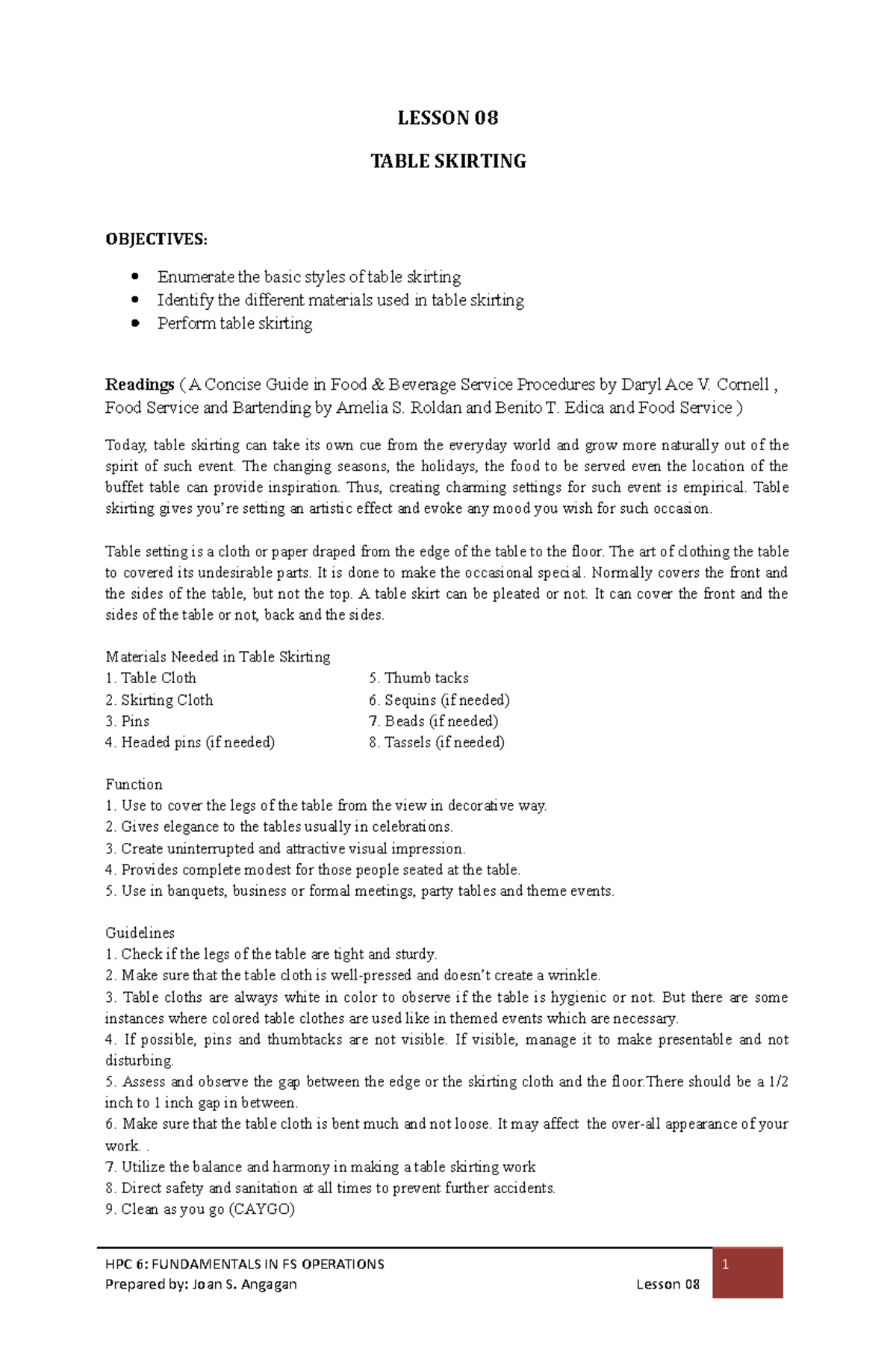 FOOD Service Operations Lesson 08 - LESSON 08 TABLE SKIRTING OBJECTIVES: Enumerate the basic ...