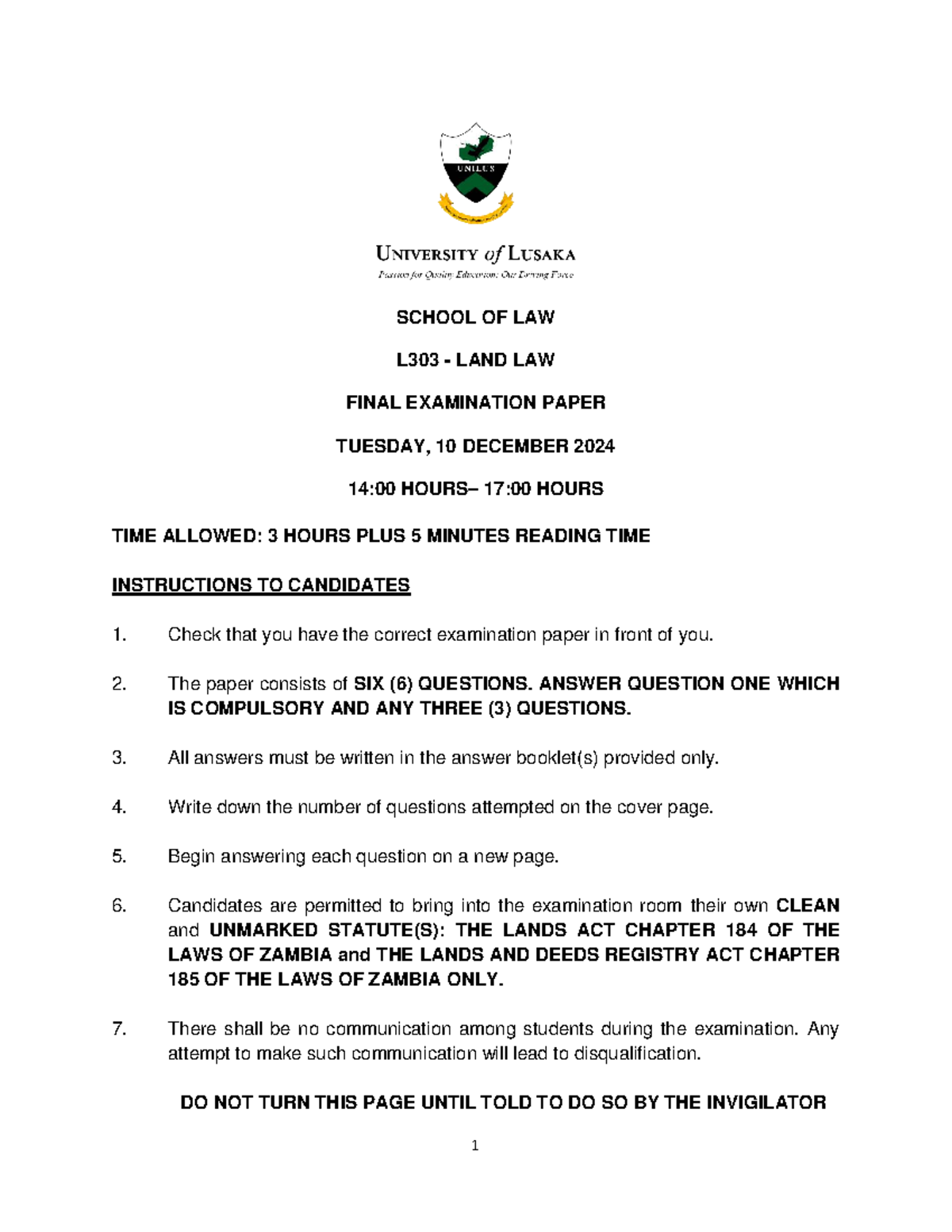 L303 LAND LAW FINAL EXAMINATION PAPER - DEC 10, 2024 - Studocu