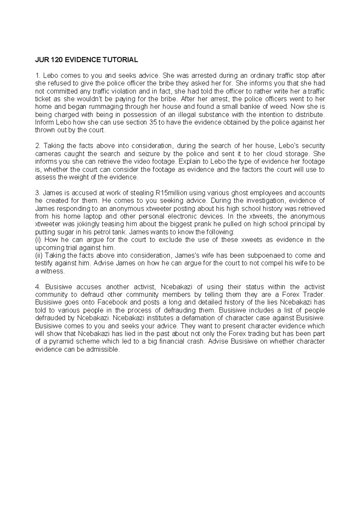 JUR 120 EVIDENCE TUTORIAL: Legal Advice on Evidence Issues - Studocu