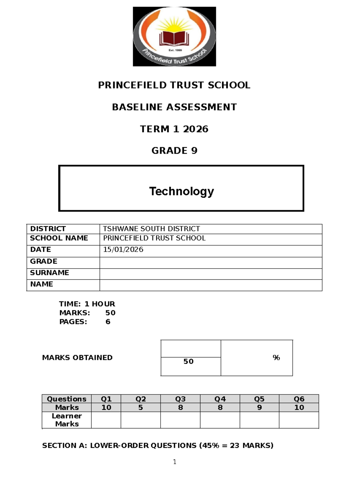 Grade 9 Technology Term 1 Baseline Assessment 2026 - Studocu