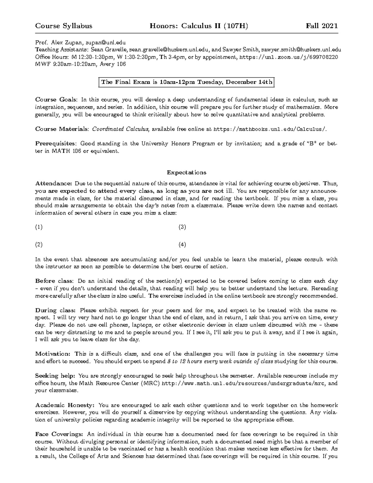 Syllabus - math - Course Syllabus Honors: Calculus II (107H) Fall 2021 ...