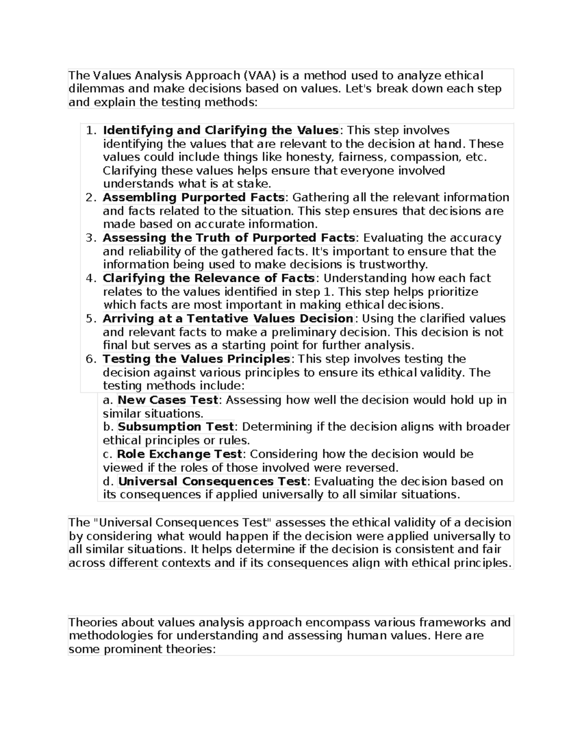 Values Analysis Approach: Methods & Theories Explained - Studocu