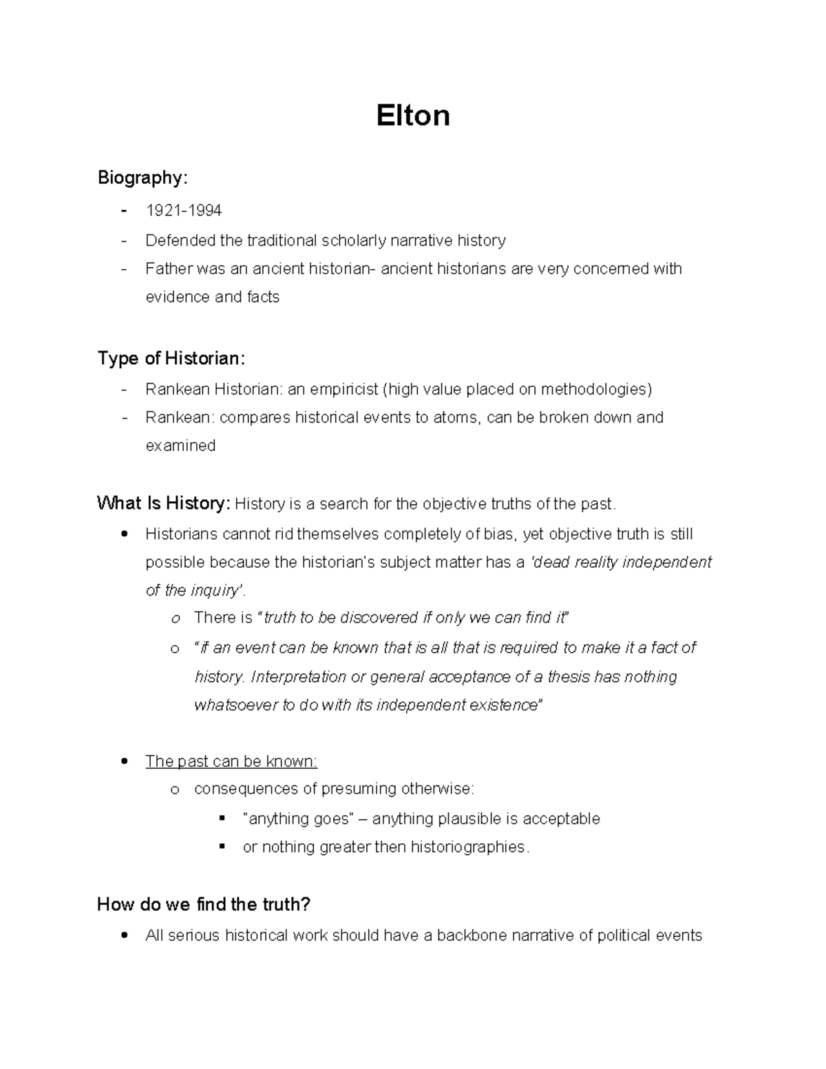 History Extension Notes - Elton: Rankean Perspectives on Truth - Studocu