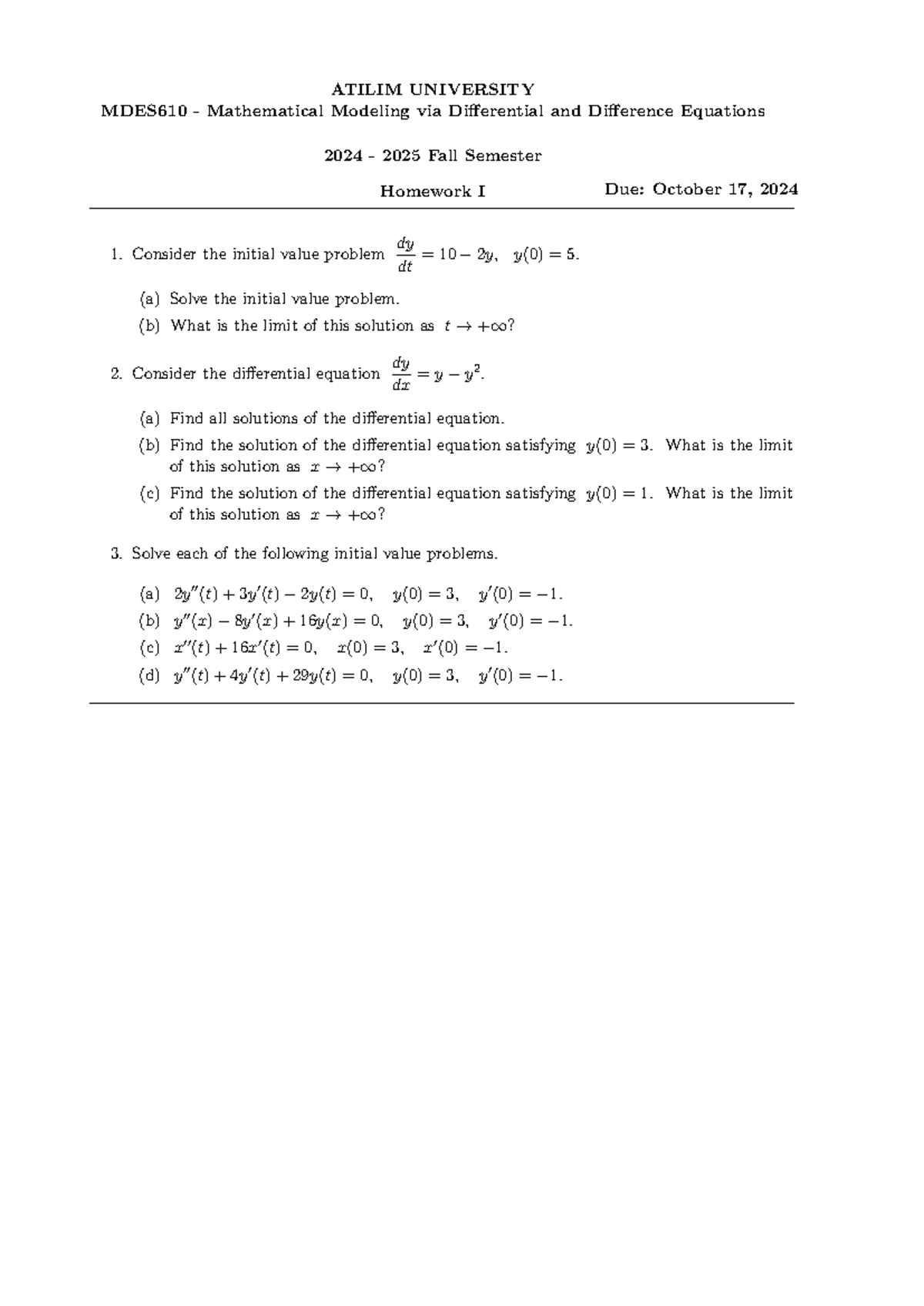 ATILIM UNIVERSITY MDES610 Fall 2024 Homework I: Math Modeling Solutions ...