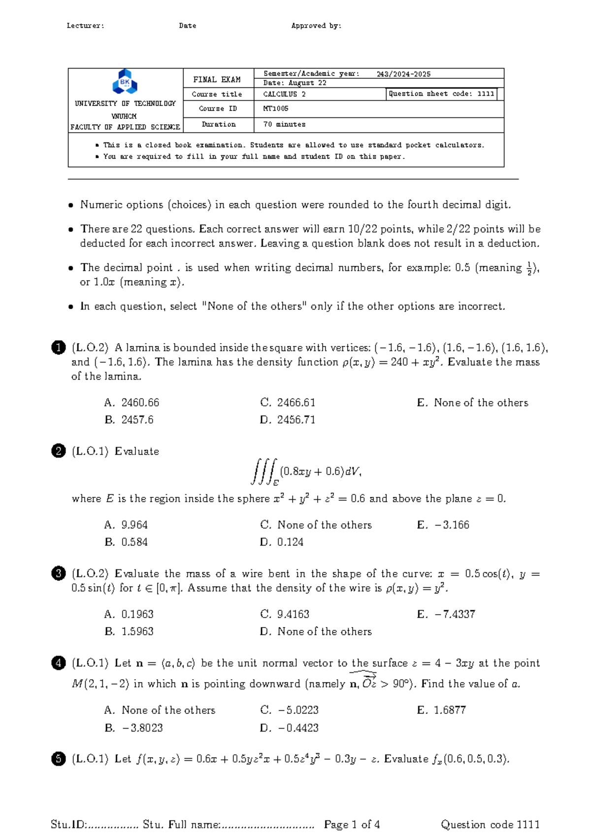 Final Exam MT1005: Calculus 2 Question Sheet - August 22 - Studocu