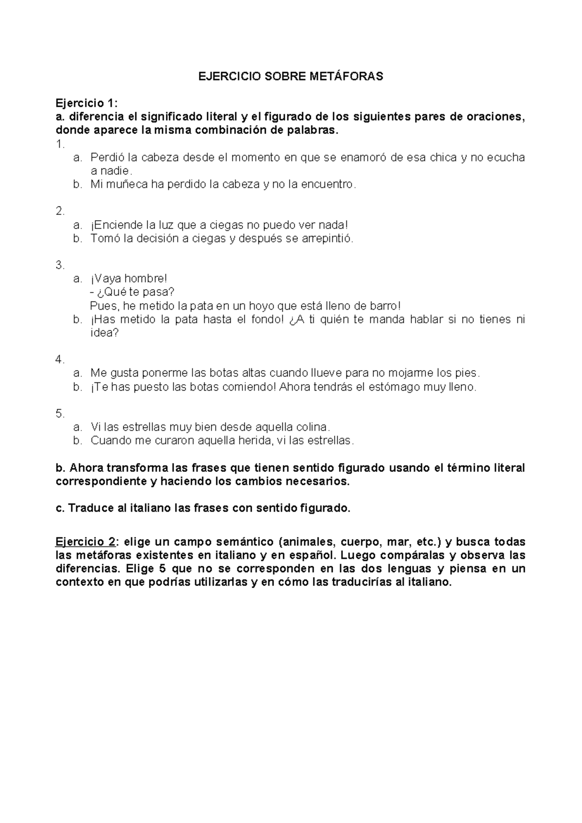 Ejercicios sobre Metáforas - EJERCICIO 1 y 2 - Studocu