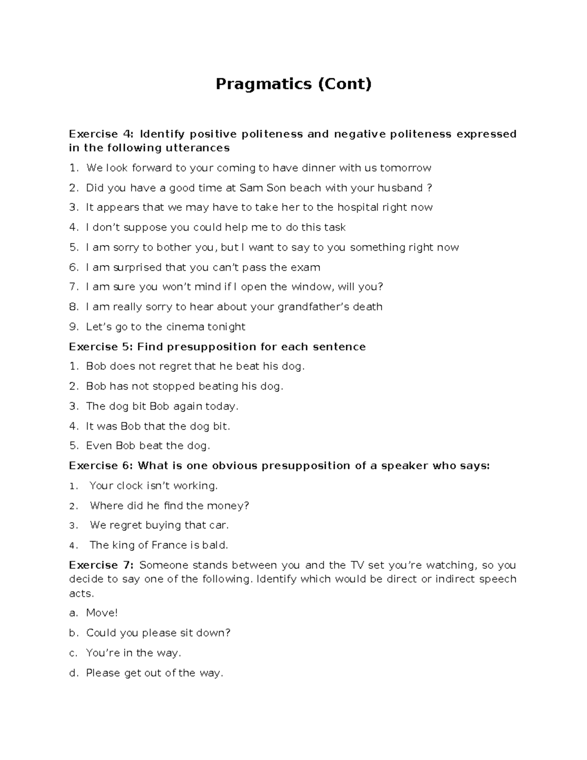 A02 Exercises on Positive and Negative Politeness in Pragmatics - Studocu