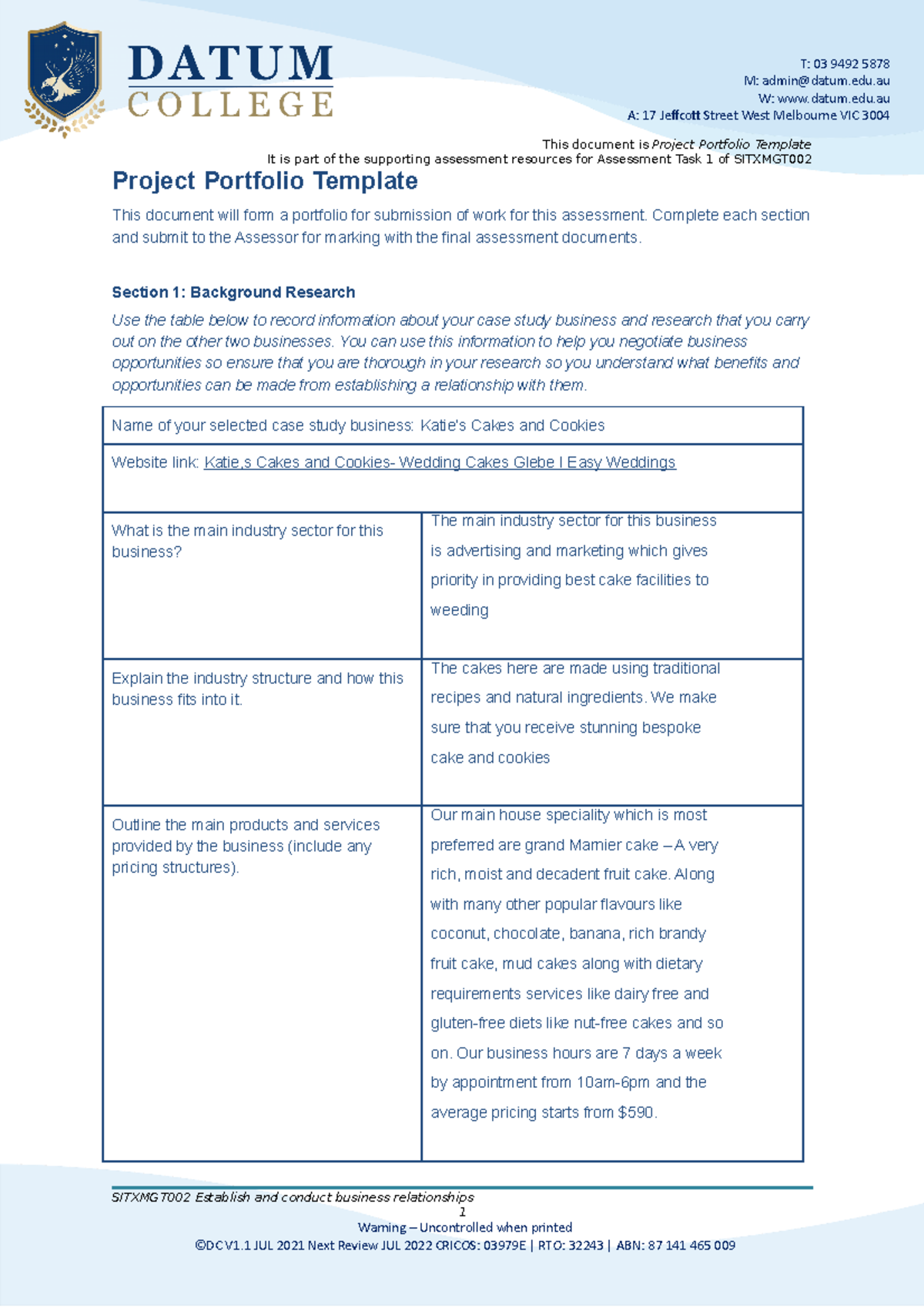 SITXMGT002 Project Portfolio Template for Assessment Task 1 Submission ...