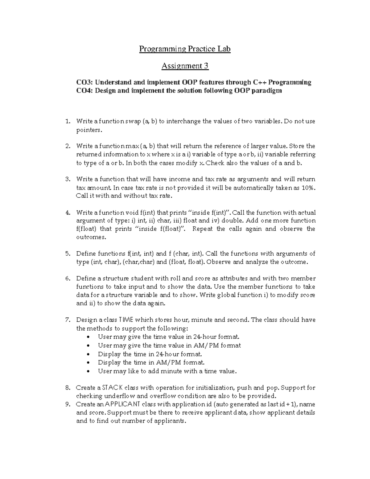 Programming Practice Lab Assignment 3: OOP Features Implementation - Studocu