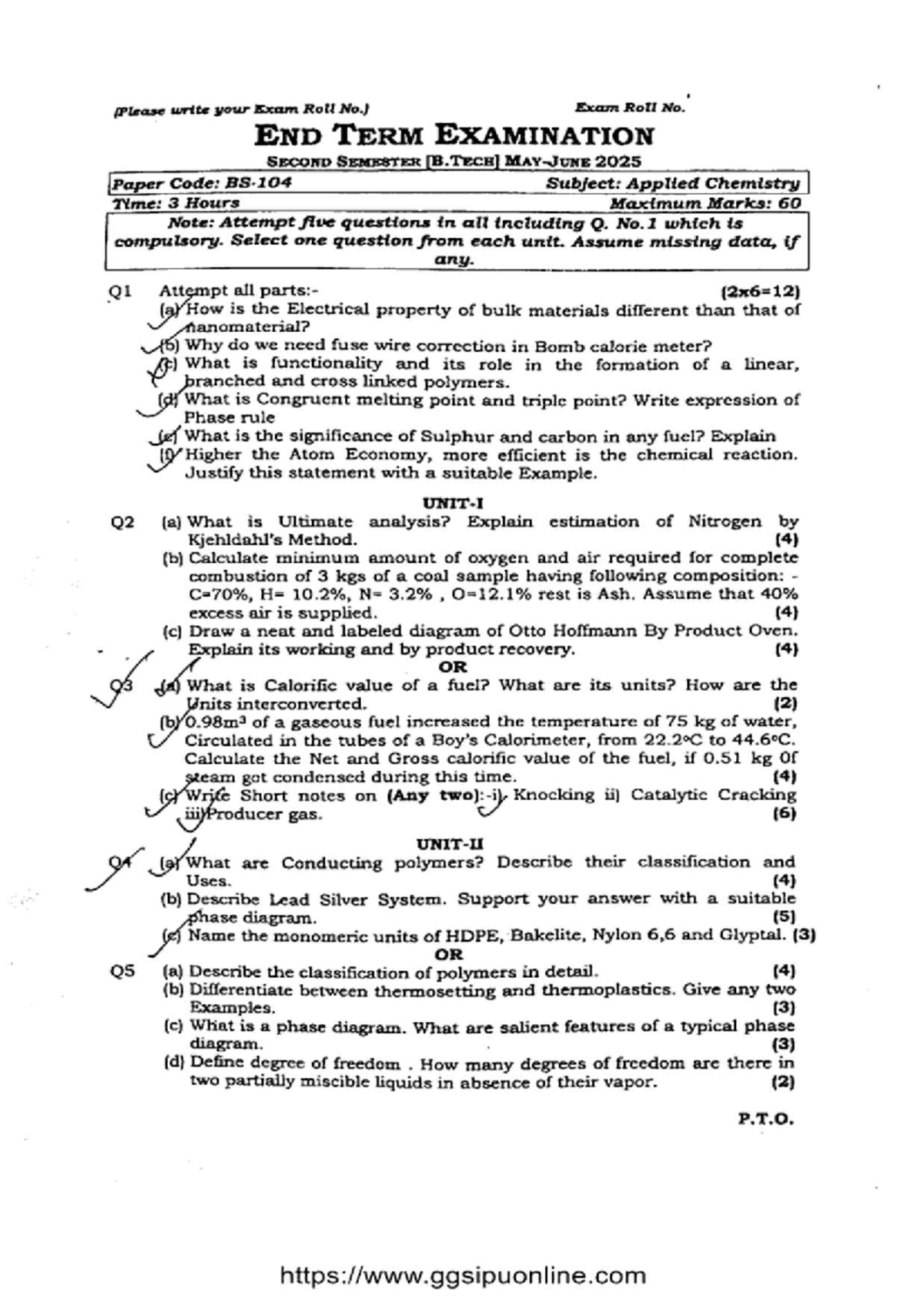 Applied Chemistry End Term Exam (2025) - Paper Code: [Your Roll No ...