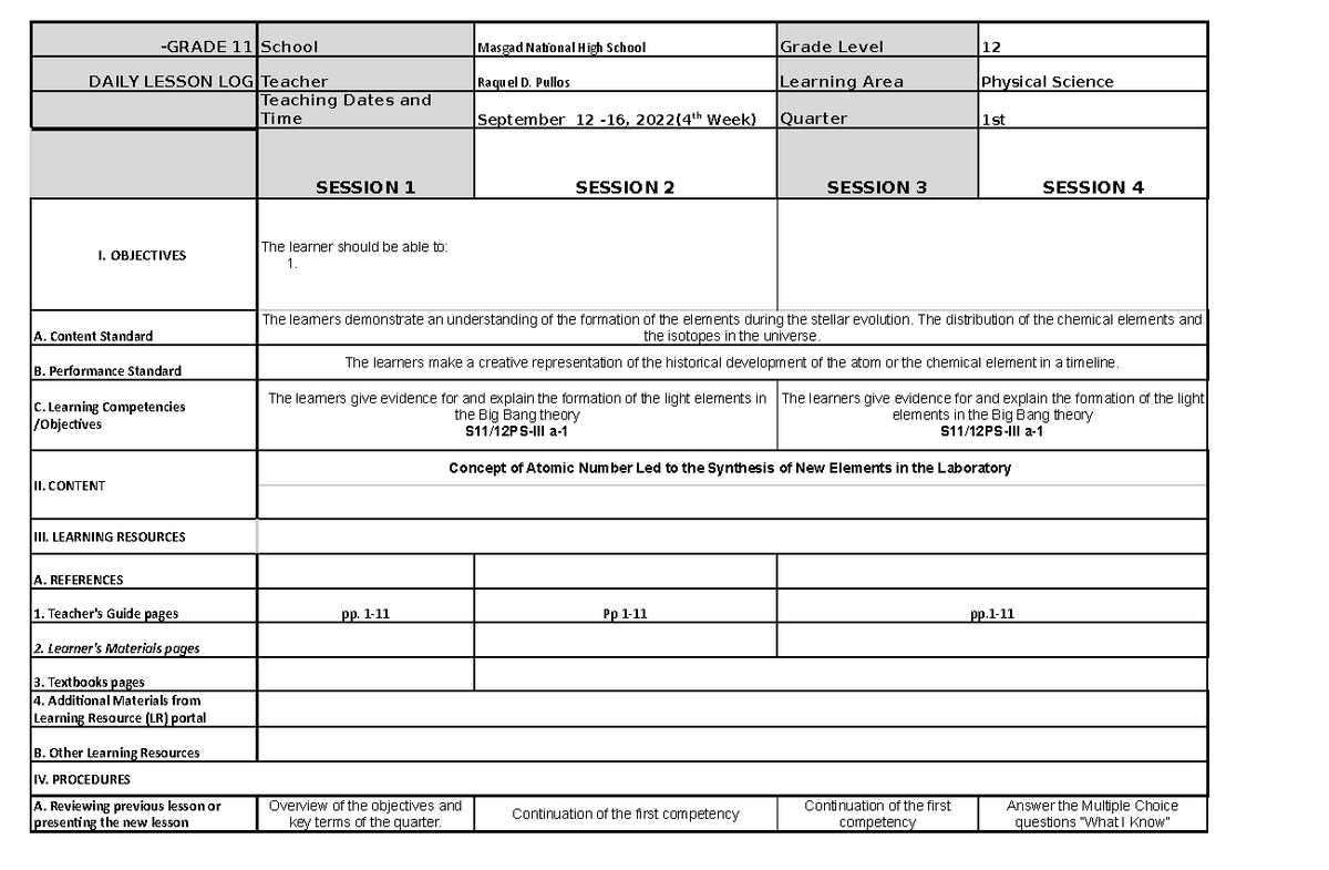 DLL Physical Science 4thweek -GRADE 11 School Masgad National High ...