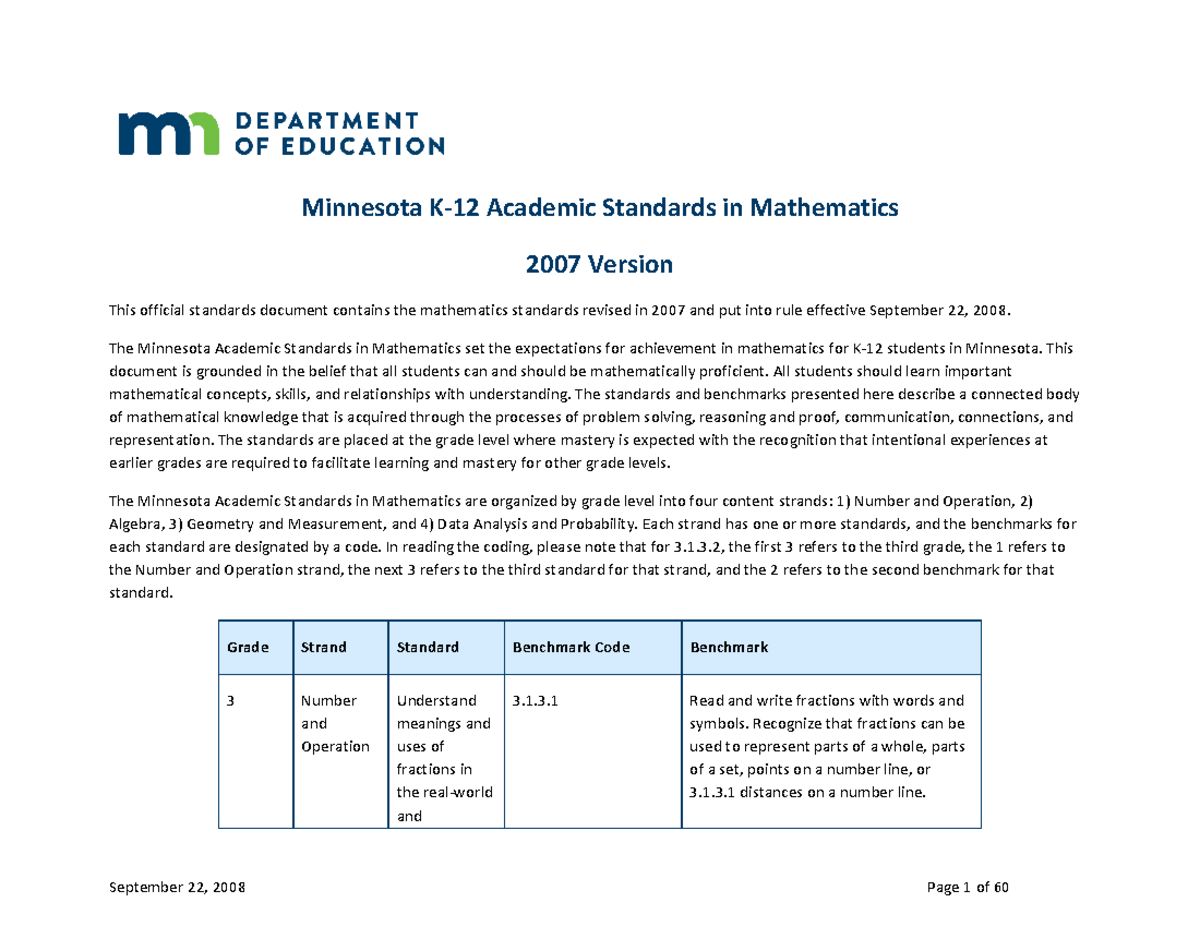 Minnesota K-12 Academic Standards in Mathematics 2007 Edition - Studocu