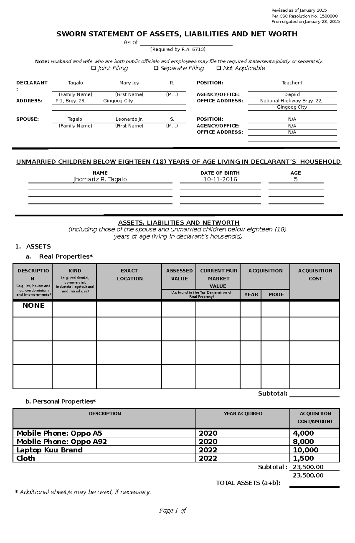 2015 SALN Form: Sworn Statement of Assets and Liabilities - Studocu