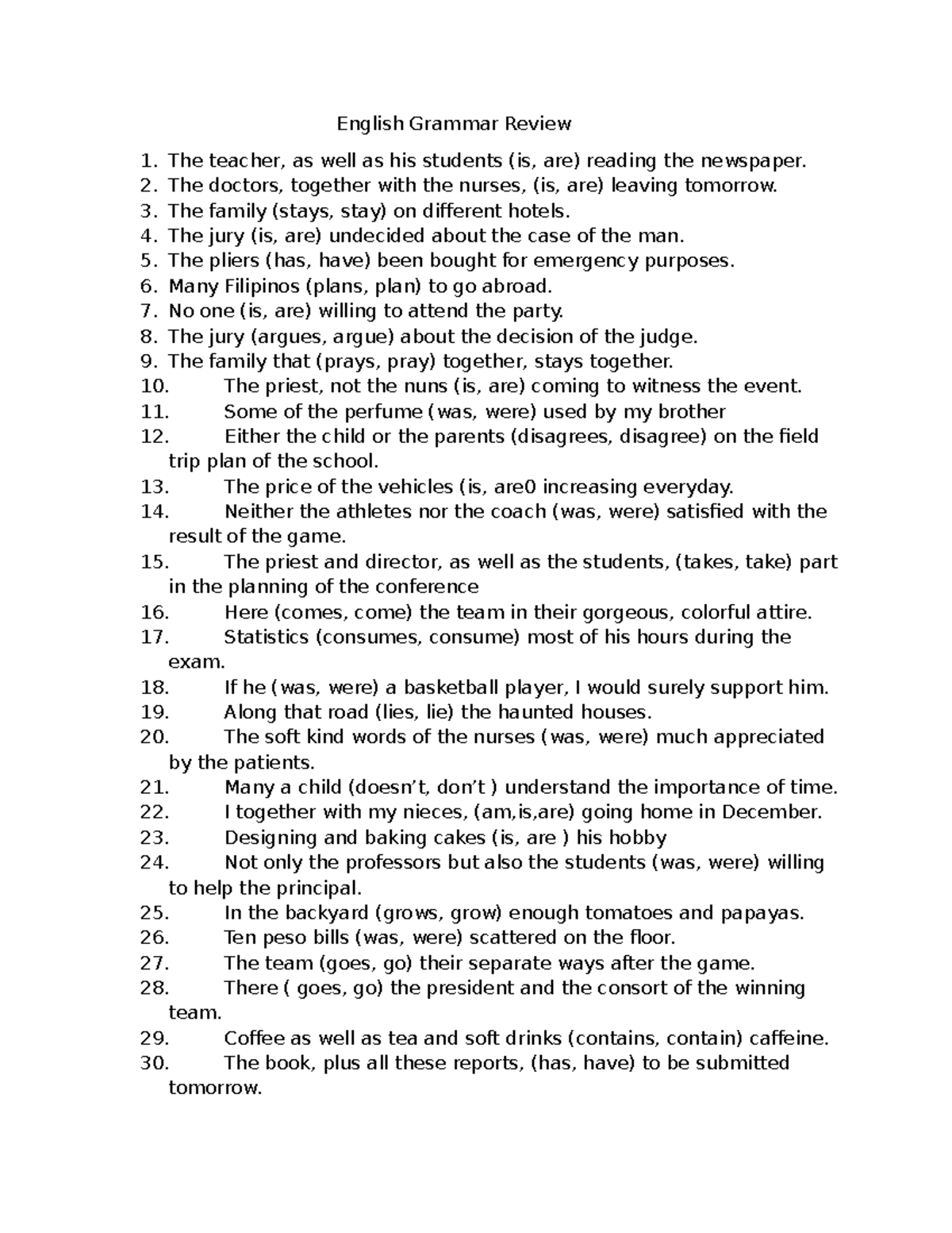 English Grammar Review: Subject-Verb Agreement Exercises - Studocu