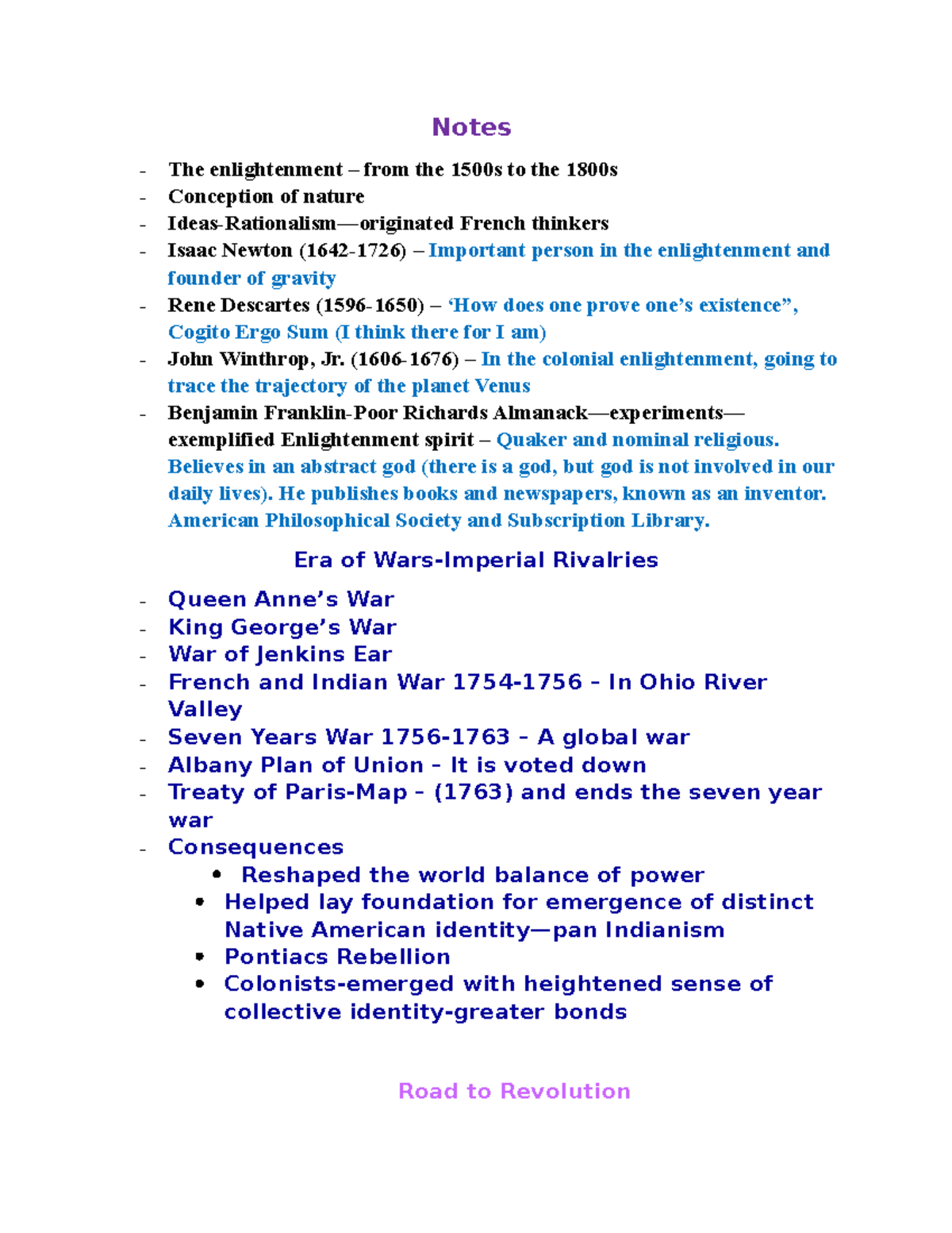 History 1301 Notes - Notes The enlightenment – from the 1500s to the ...