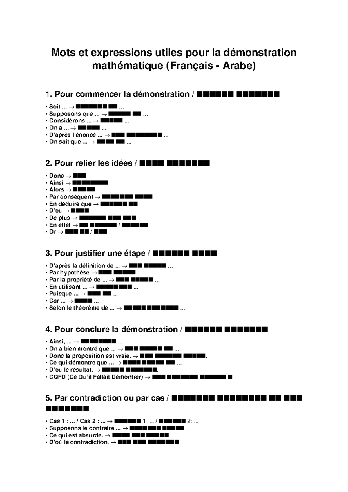 Mots et expressions pour la démonstration mathématique (Français Arabe ...