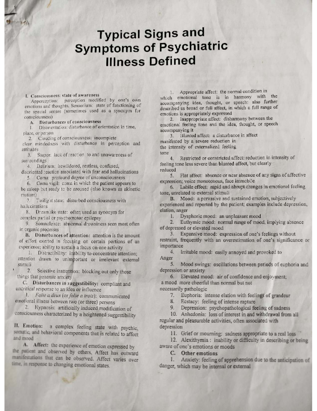 Psychiatric Illness: Signs and Symptoms Overview (S/Sx) - Studocu