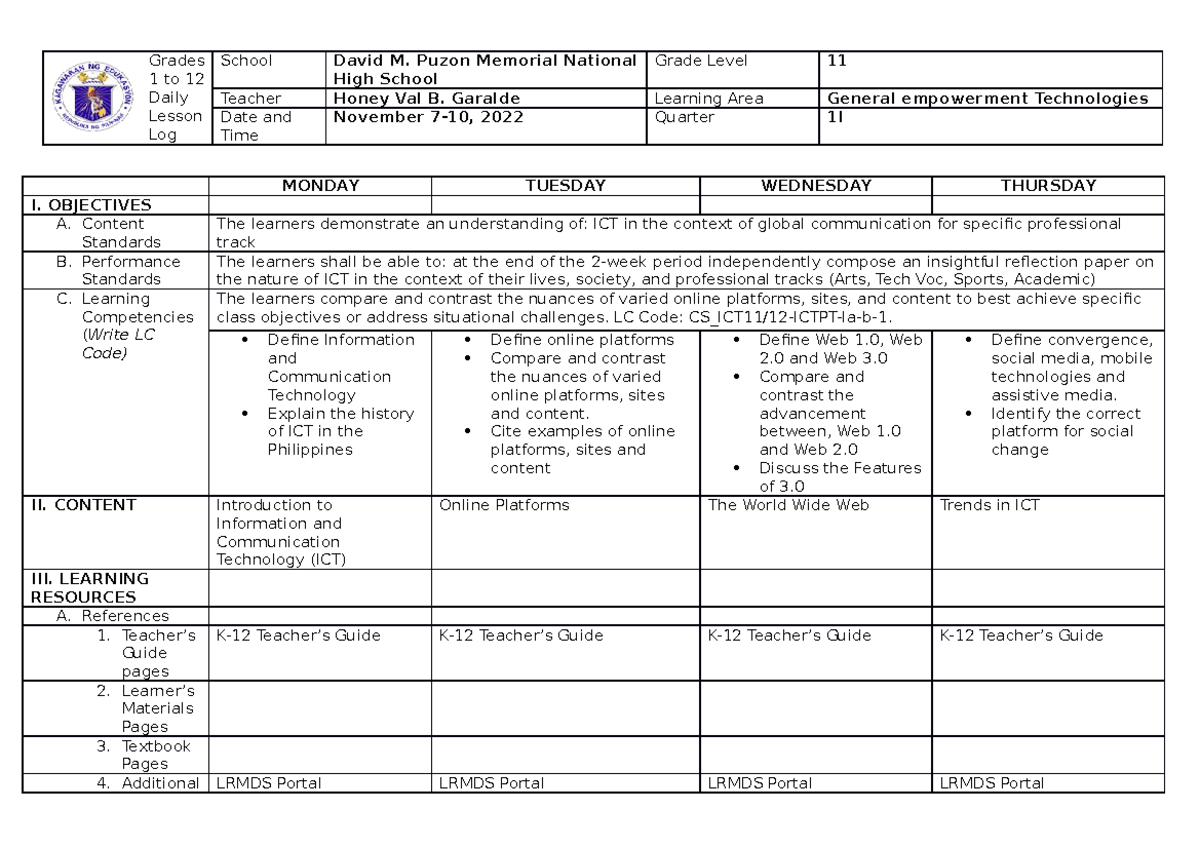 WEEK 1 - Notes - Grades 1 to 12 Daily Lesson Log School David M. Puzon ...