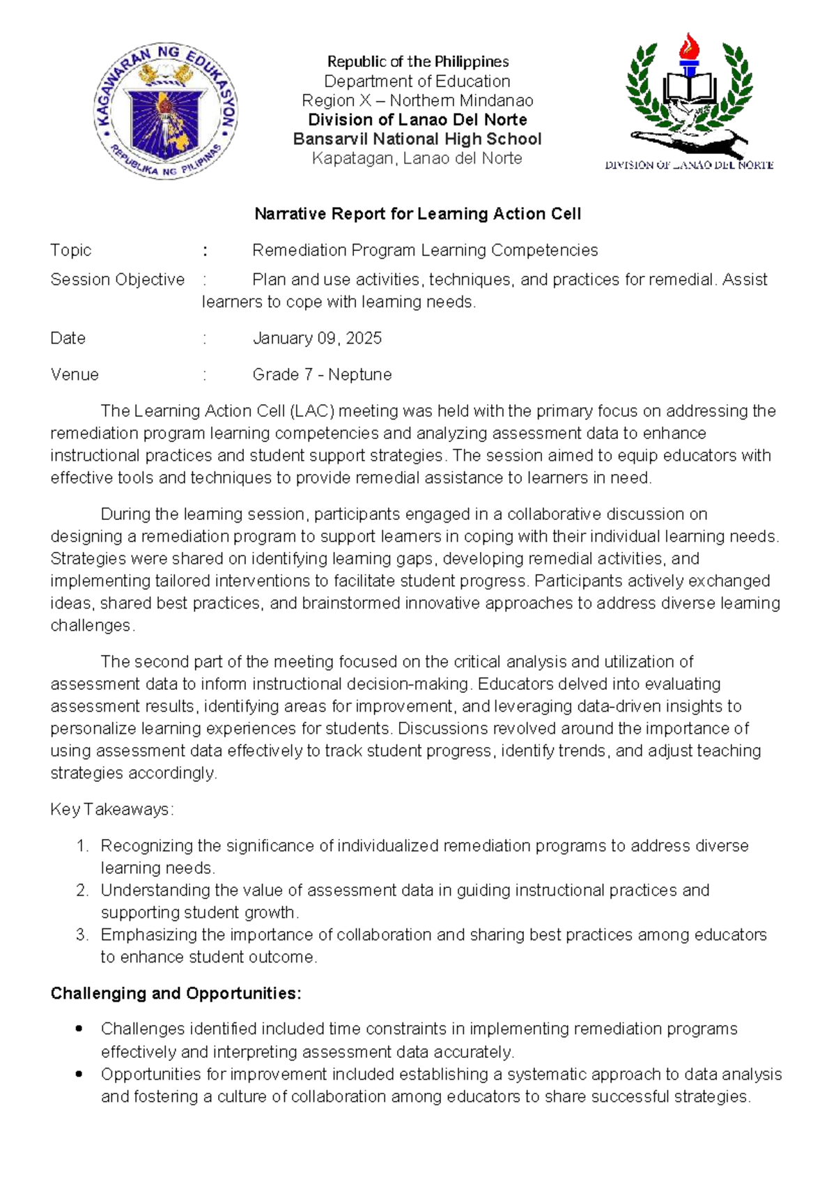 LAC Narrative Report: Remediation Program Competencies - Jan 2025 - Studocu