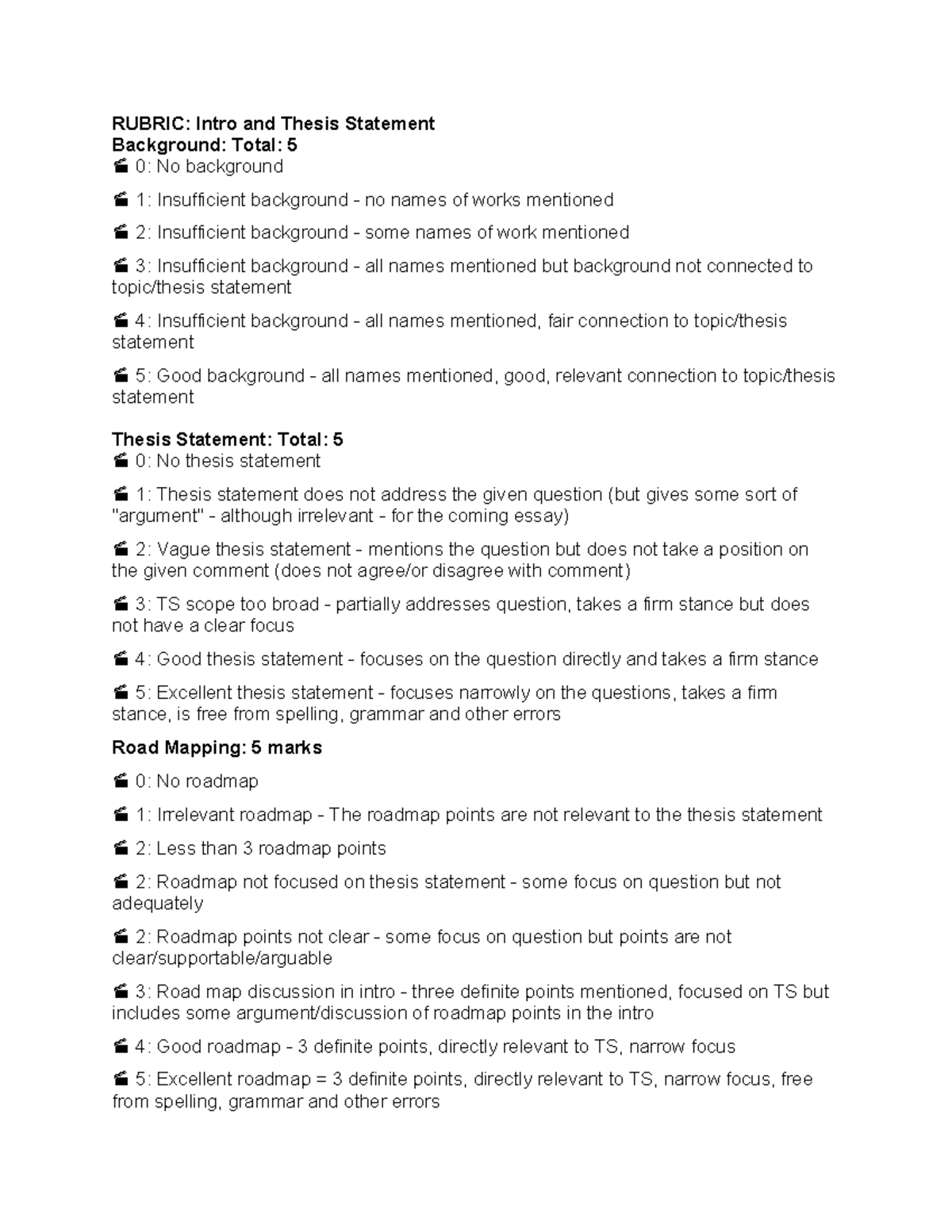2022 ENGL1514 Essay Intro & Thesis Statement Rubric - Studocu